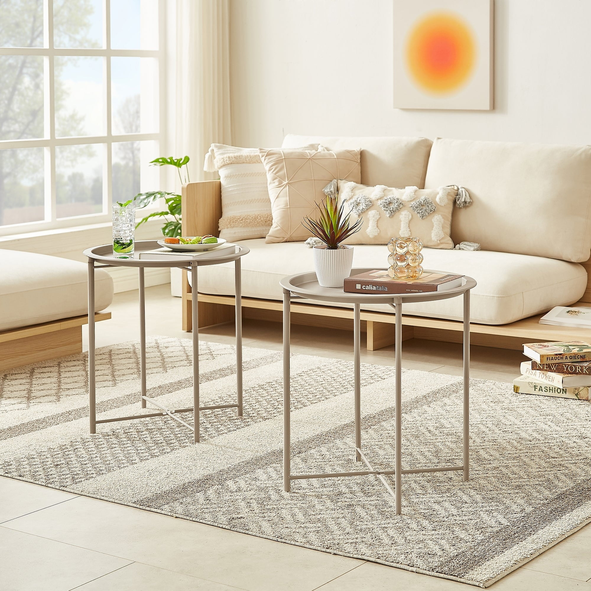 Set of 2 Folding TV Tray End Tables, Round Side Sofa Table Anti-Rust ...