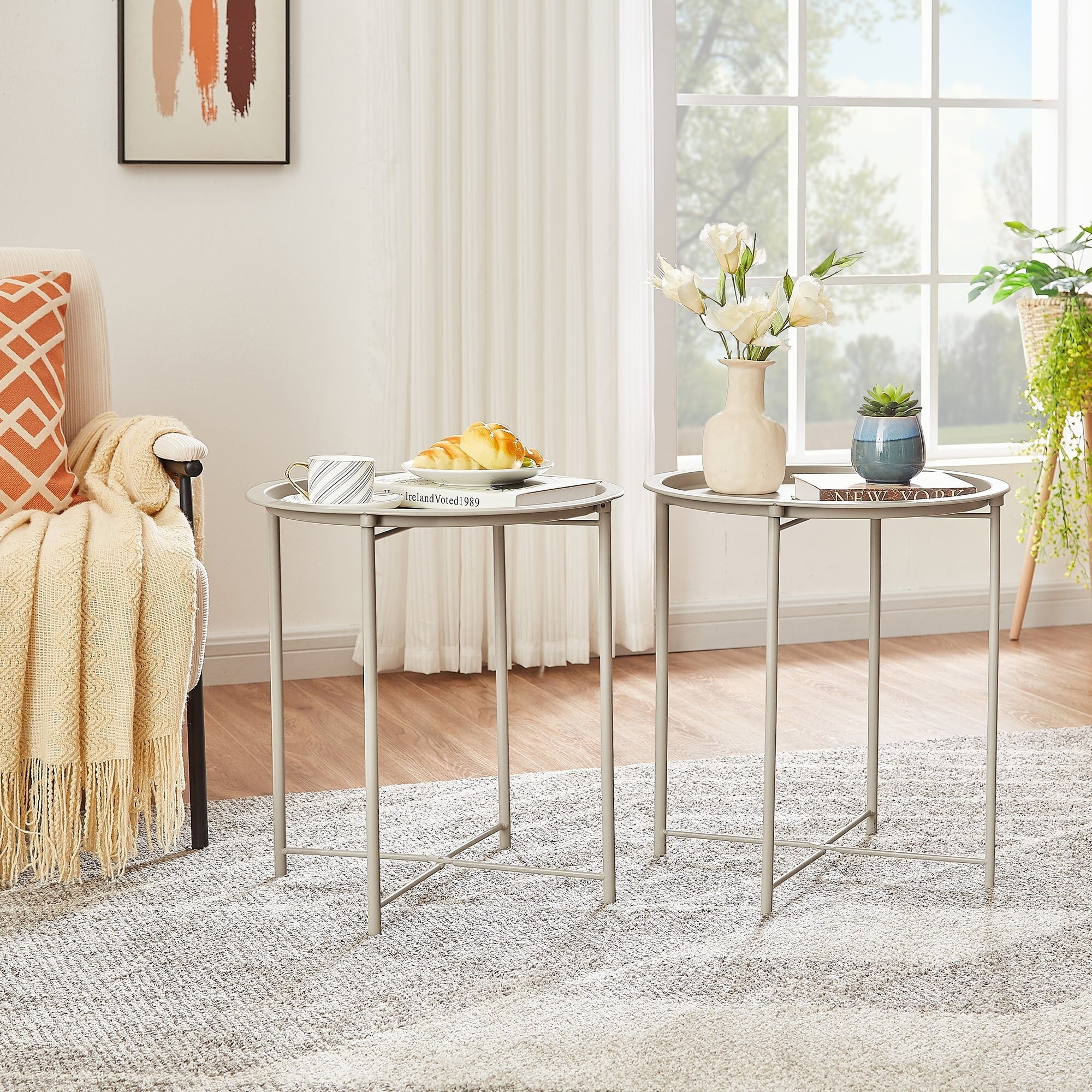 Javlergo Set of 2 Folding Round TV Tray Tables, Small Round Steel Side ...