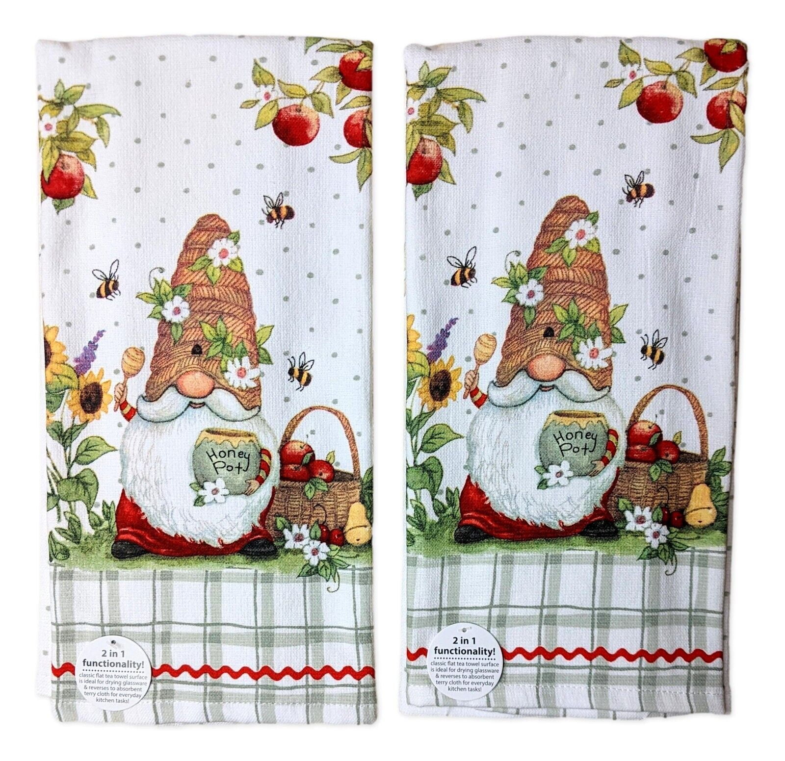 Set of 2 GARDEN BEE GNOME Honey Pot Terry Kitchen Towels by Kay Dee ...