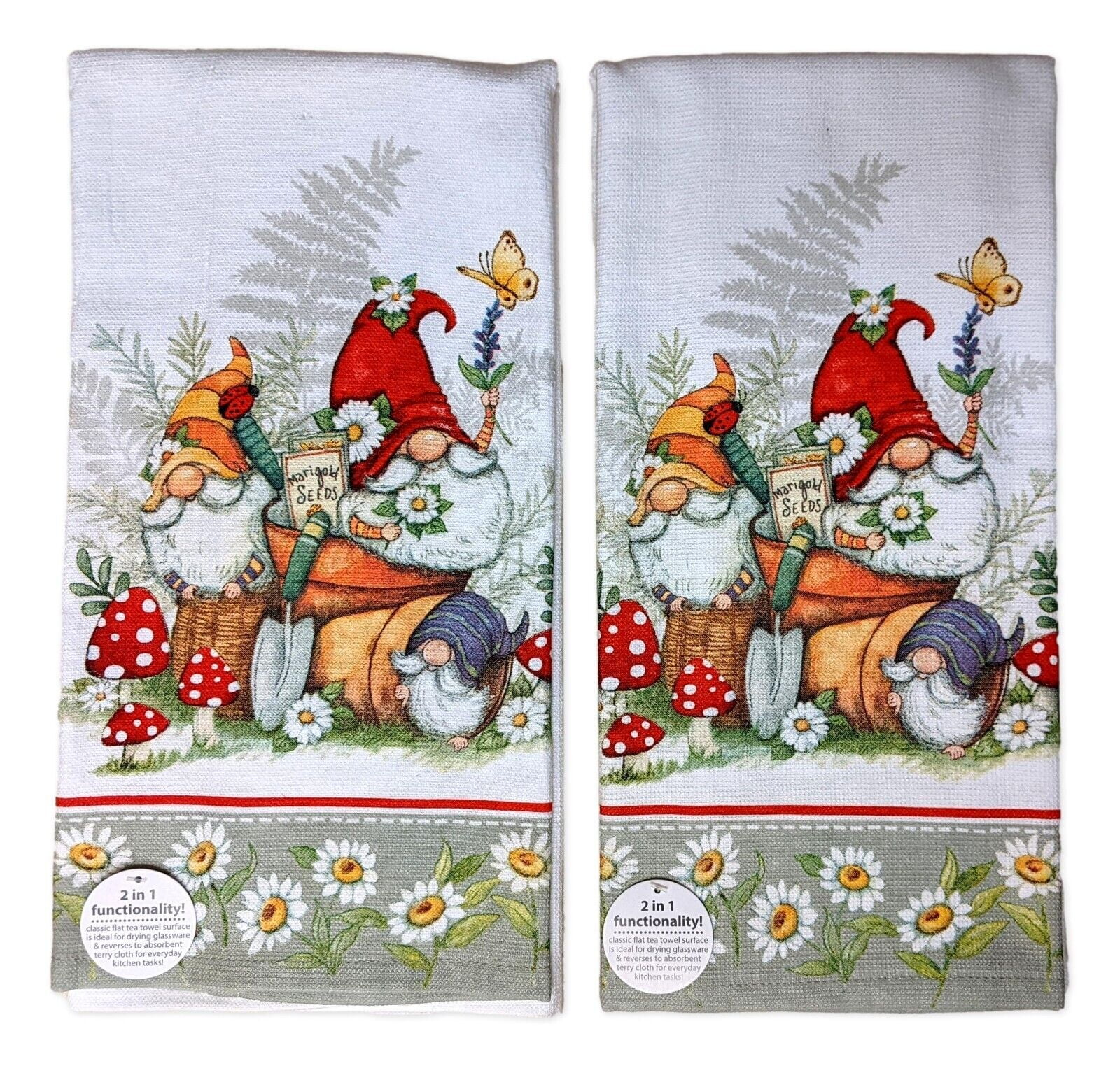 Set of 2 GARDEN GNOME Daisy Border Terry Kitchen Towels by Kay Dee ...