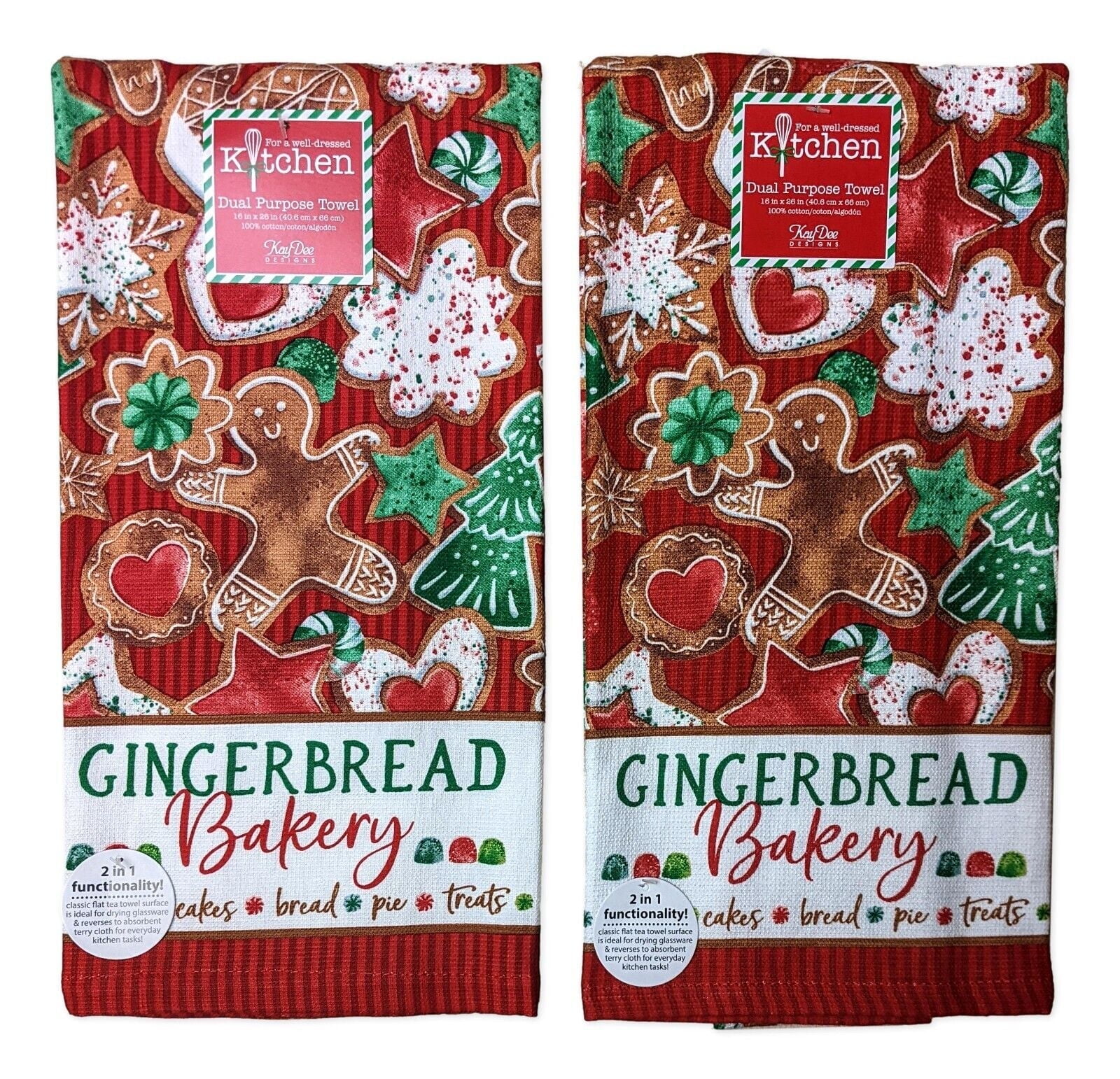 Set of 2 GINGERBREAD BAKERY Christmas Terry Kitchen Towels by Kay Dee ...