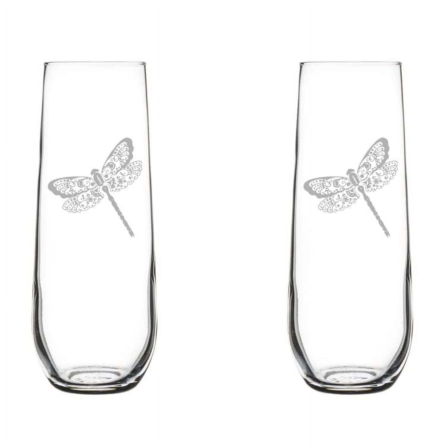Set of 2 Glass Champagne Flutes Sparkling Wine Glasses Floral Dragonfly ...