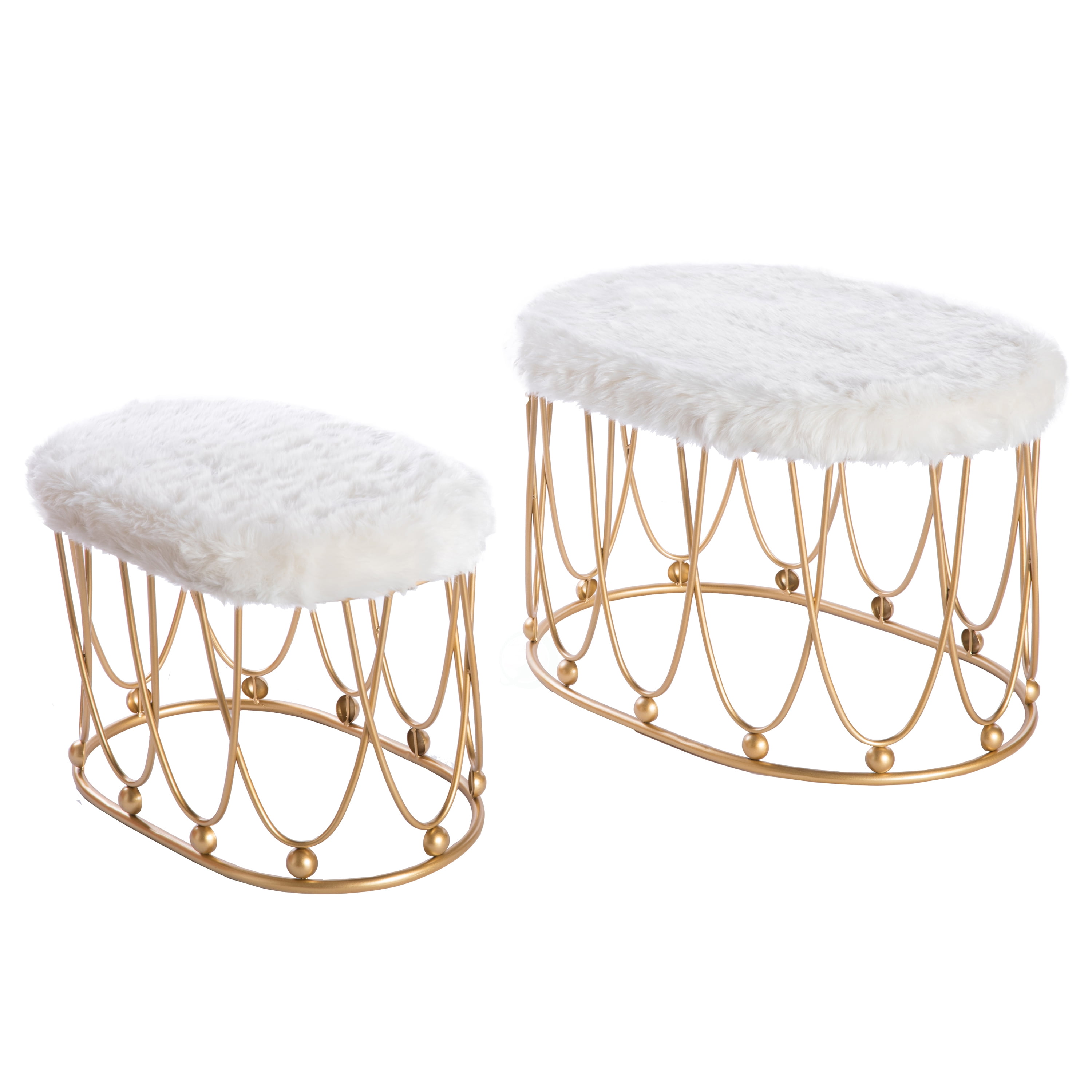 Set of 2 Gold Metal Side Accent Table Stools with White Fur Top Seat ...