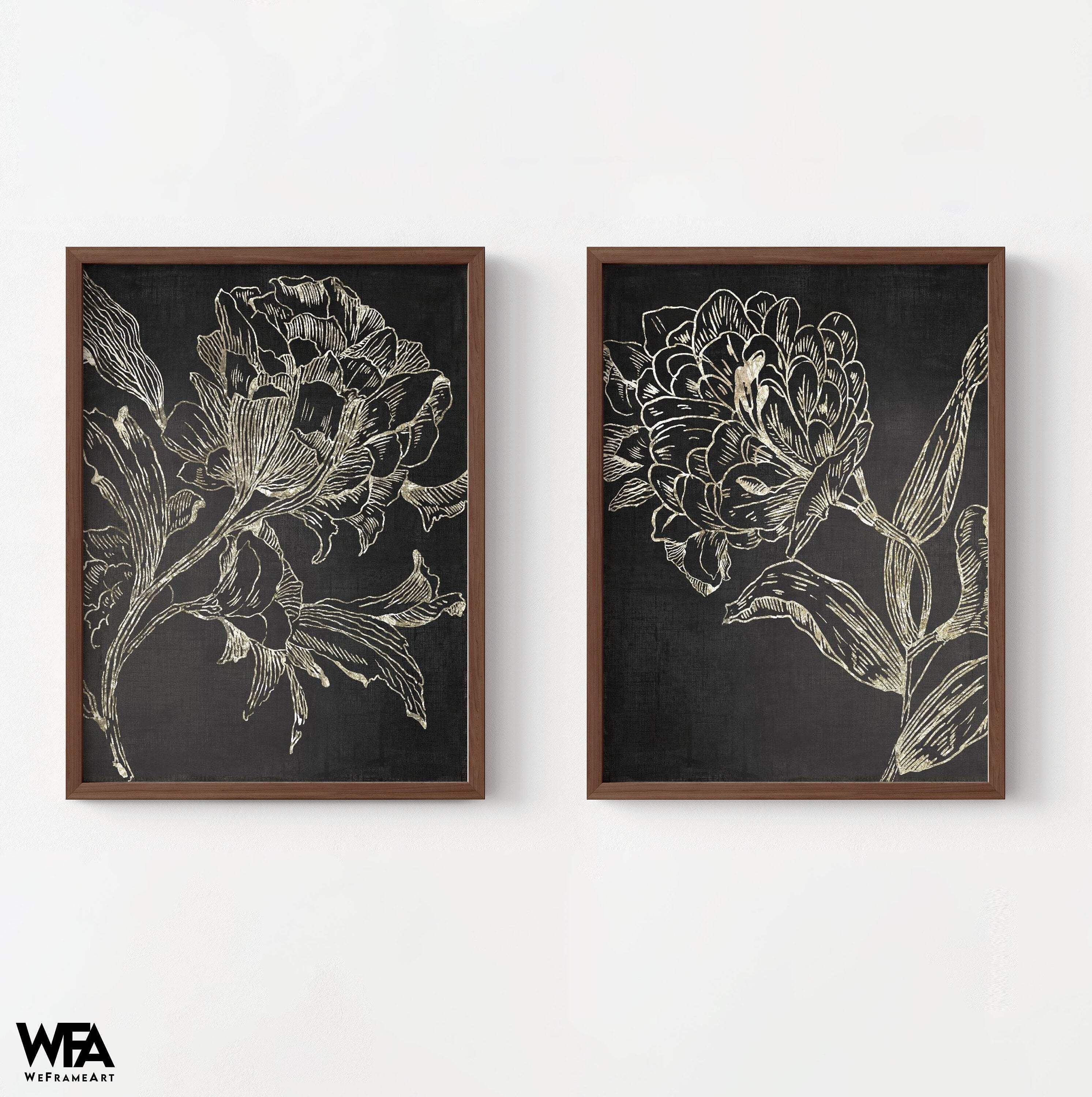 Set of 2 Golden Flowers Prints, Framed Floral Wall Decor, Golden ...