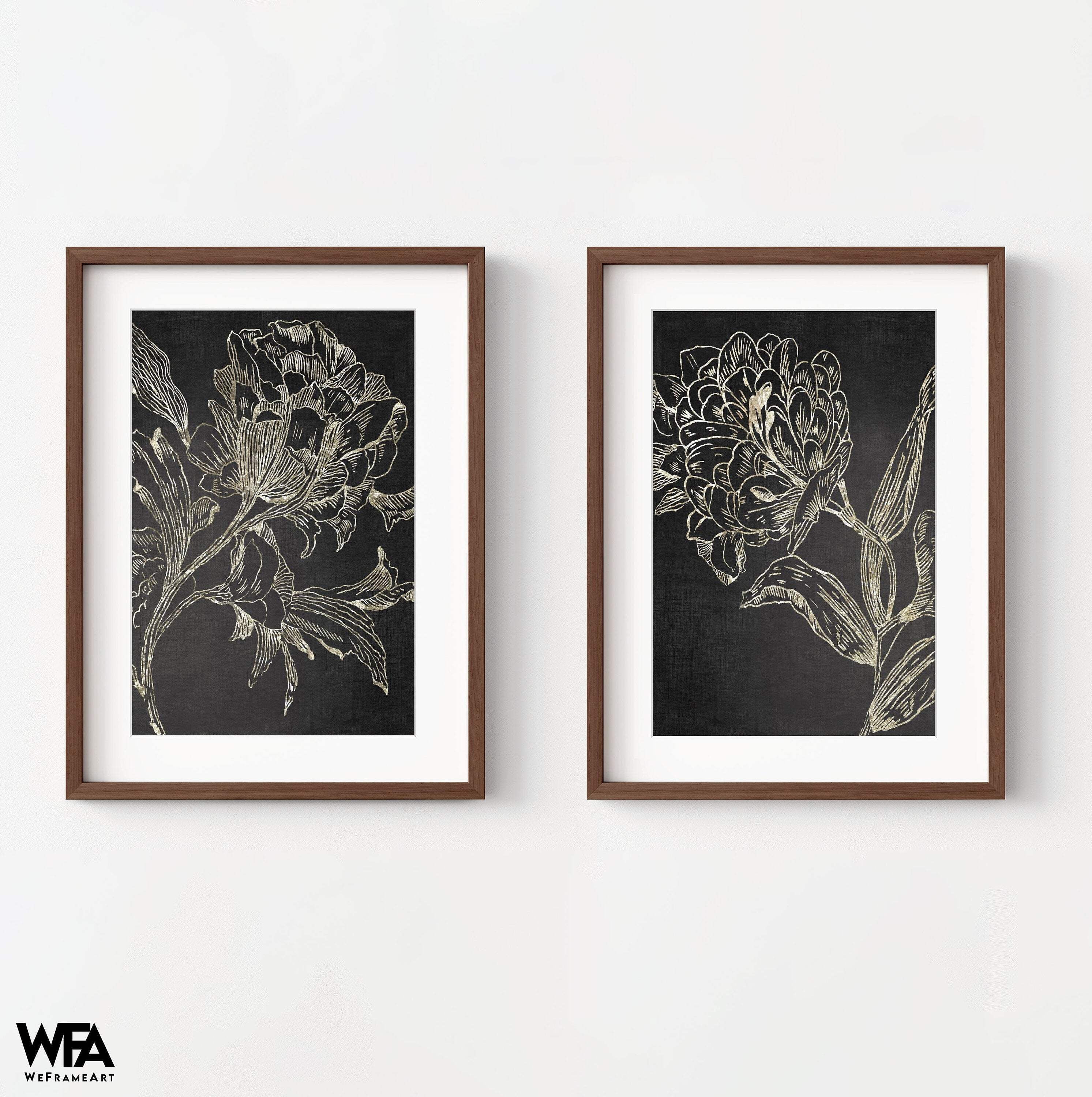 Set of 2 Golden Flowers Prints, Framed Floral Wall Decor, Golden ...