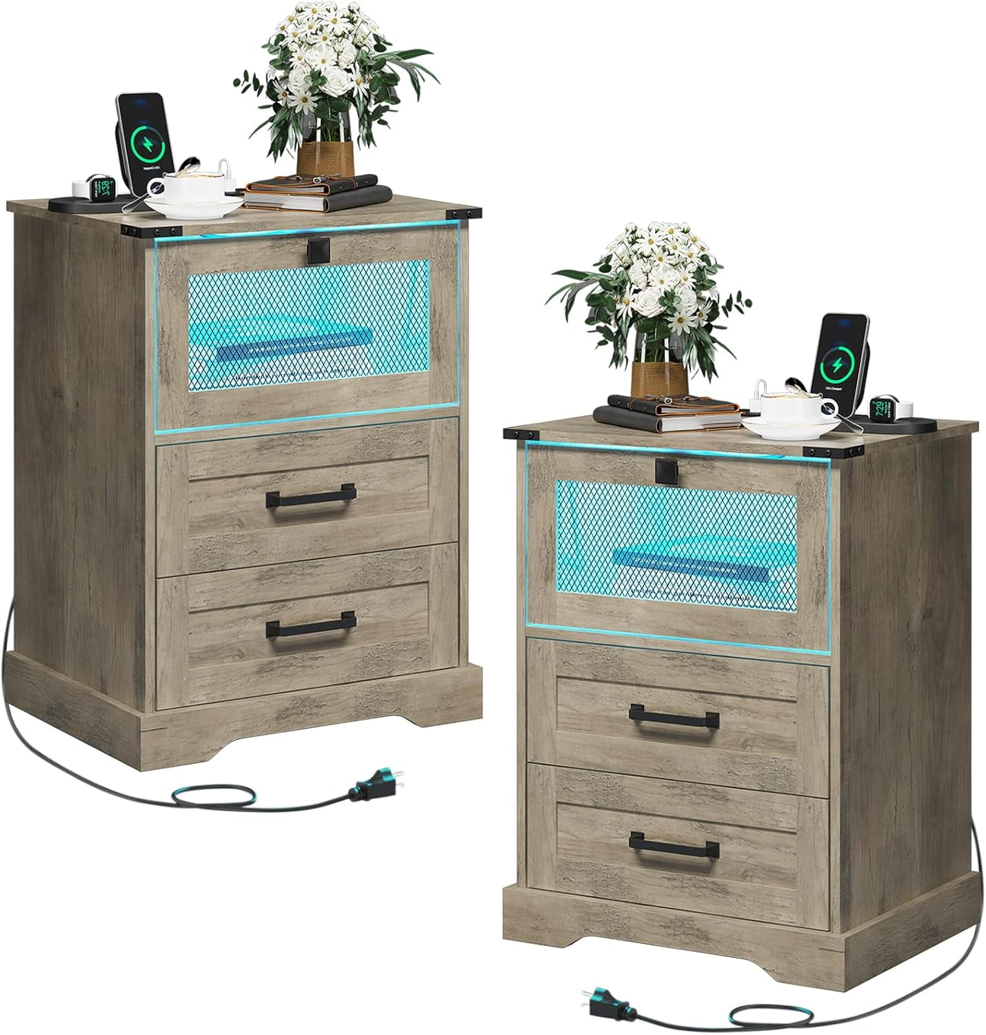 Set of 2 Nightstand Gray Bedside Table with USB Ports & Power Outlet ...
