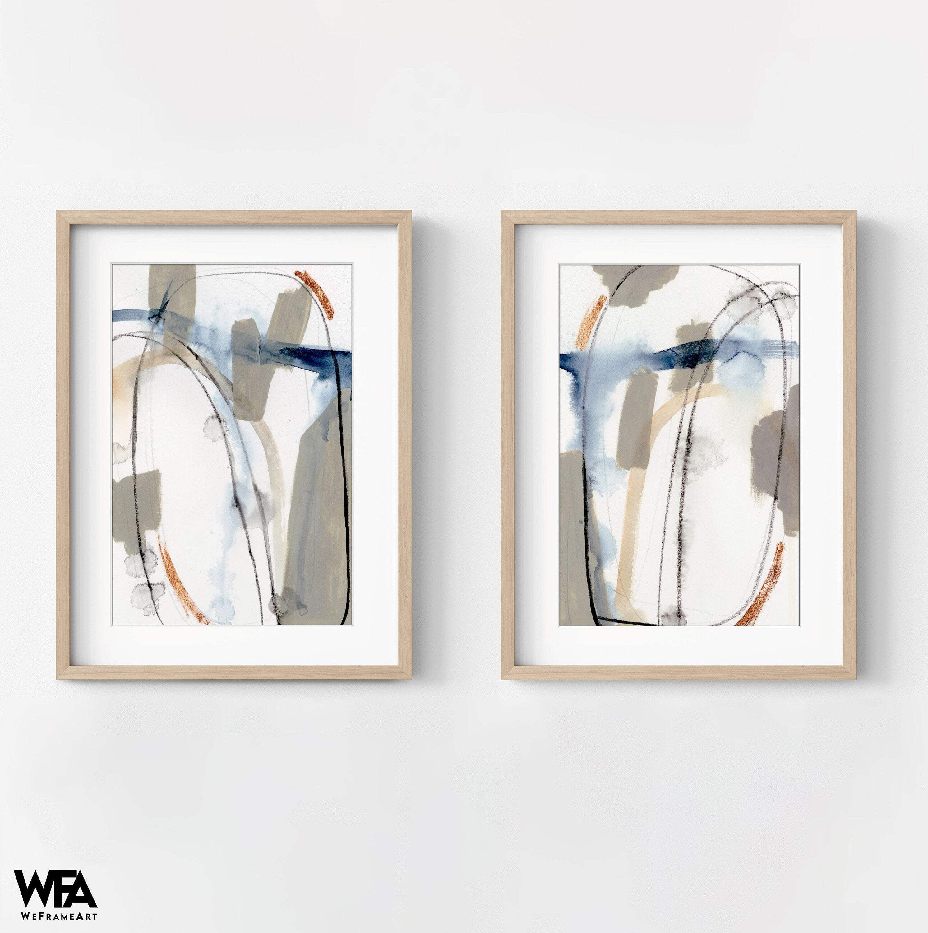 Set of 2 Gray and Blue Abstract Prints, Cold Tone Abstract Wall Decor ...