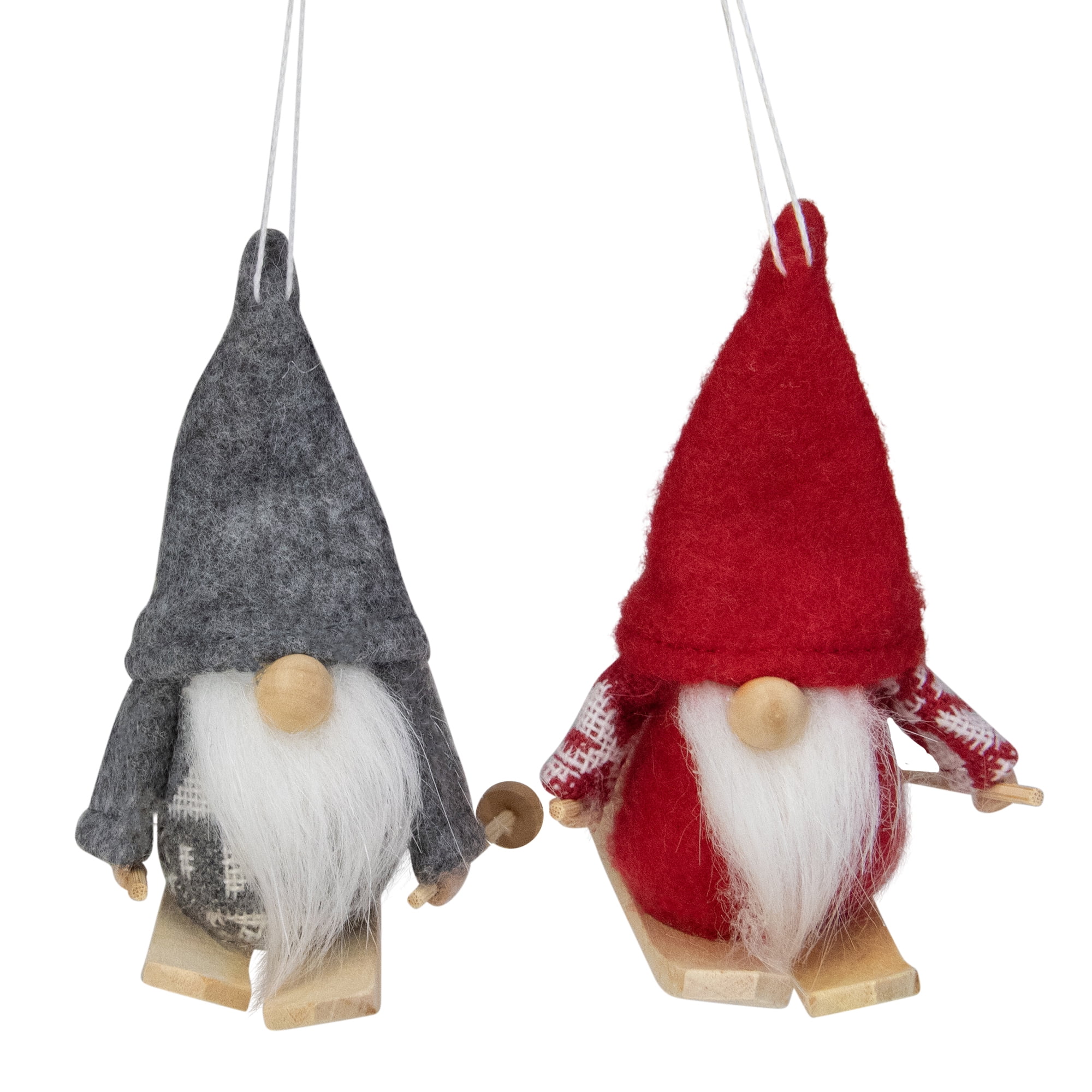 Set of 2 Gray and Red Skiing Santa Gnomes Hanging Christmas Ornaments 4 ...