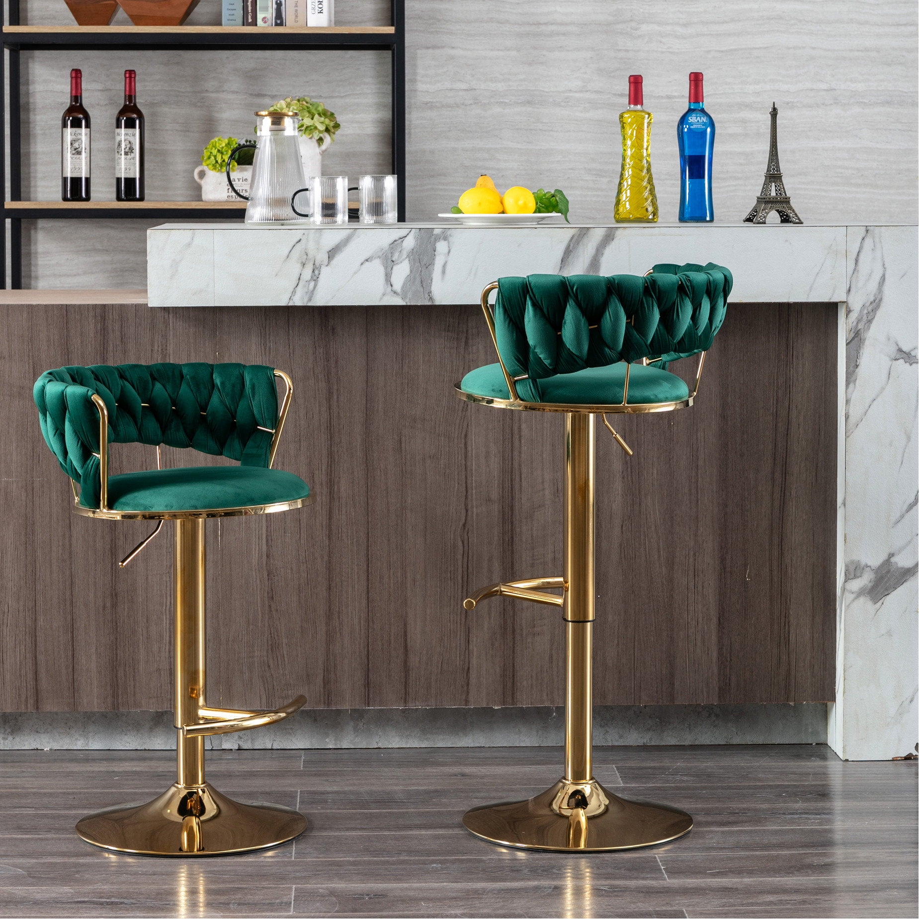 Set of 2 Green Velvet Bar Stools, Mechanical Lifting & Golden Legs ...