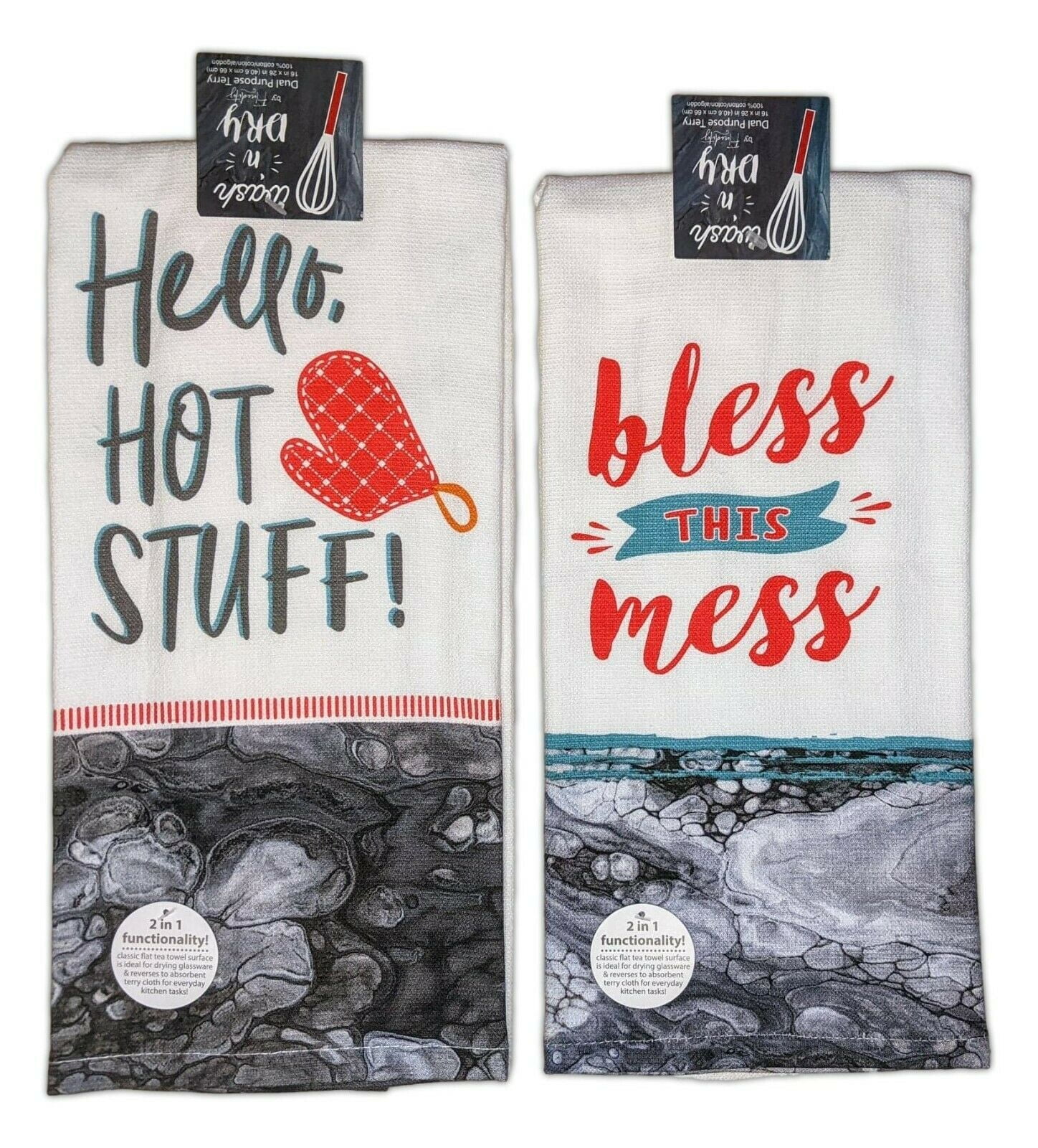 Set of 2 HELLO HOT STUFF! & BLESS THIS MESS Kitchen Towels by Kay Dee ...