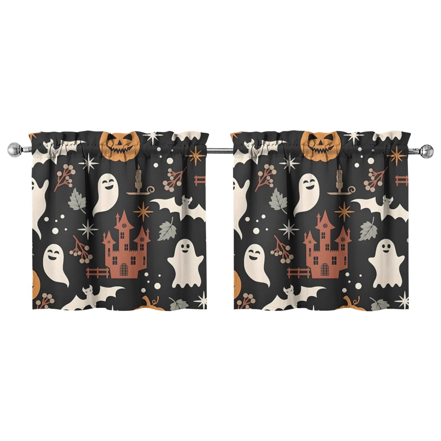 Set of 2 Halloween Caf Curtains with Ghost and Witch Print, Spooky Horror Themed Semi-Sheer ...
