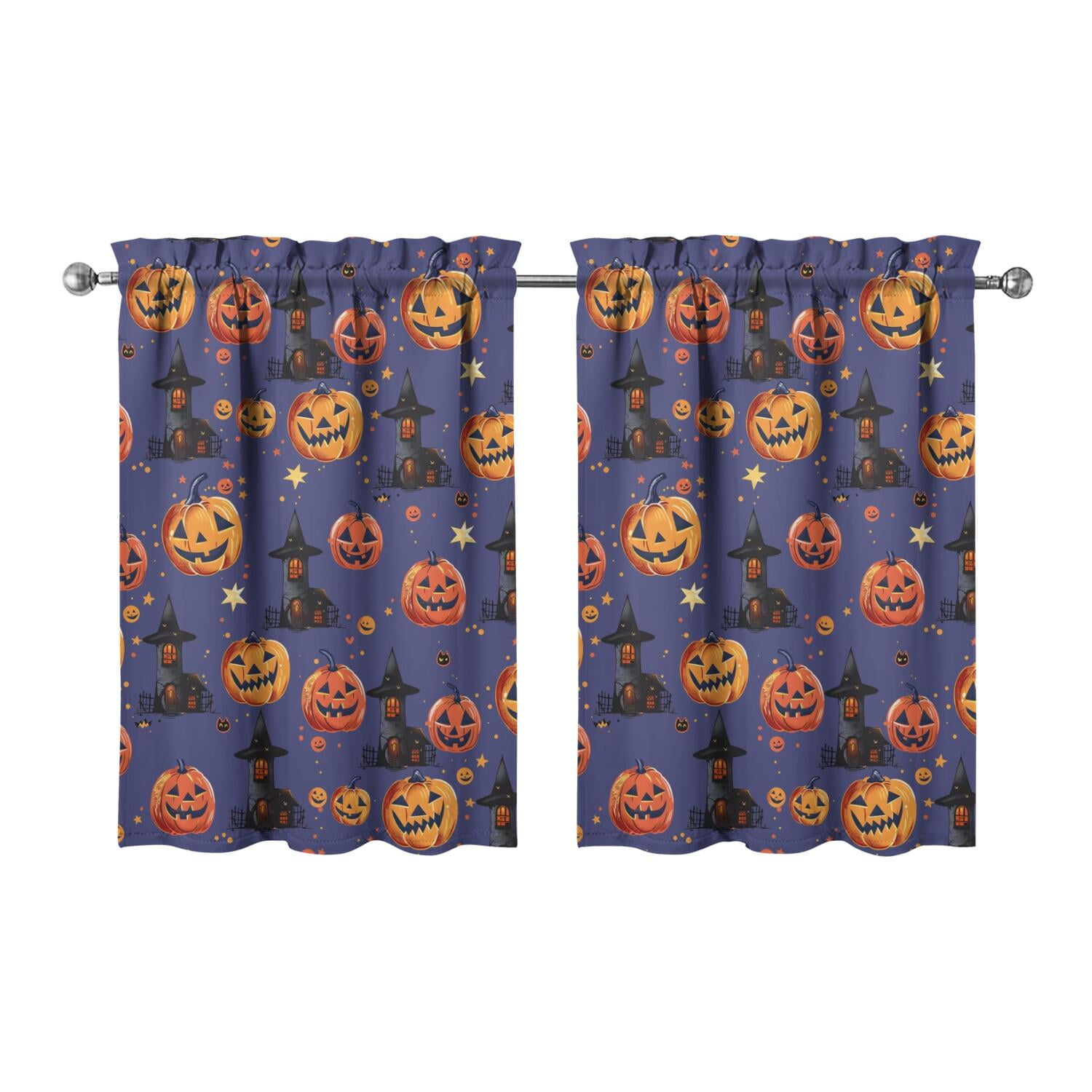 Set of 2 Halloween Caf Curtains with Ghost and Witch Print, Spooky Horror Themed Semi-Sheer ...