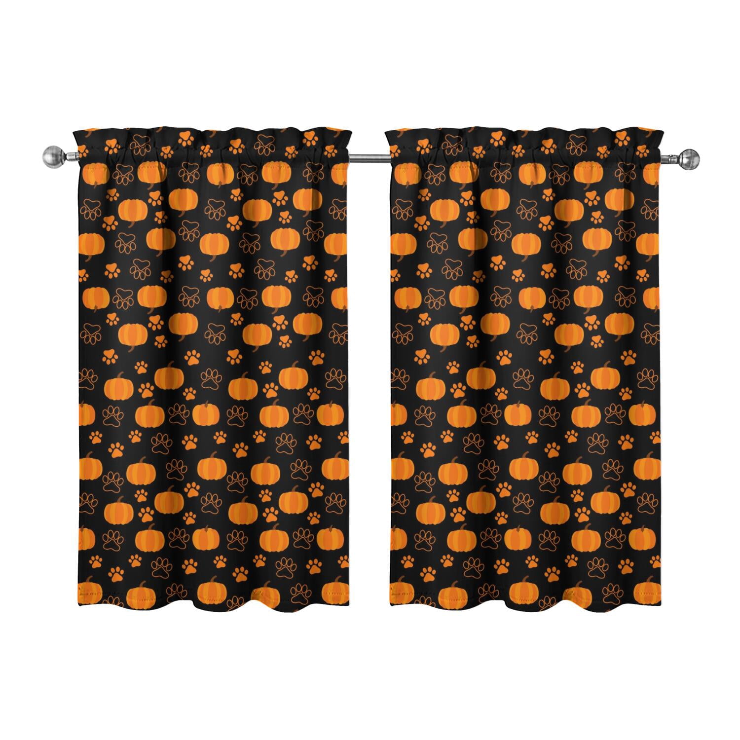 Set of 2 Halloween Caf Curtains with Skeleton and Pumpkin Print, Spooky ...