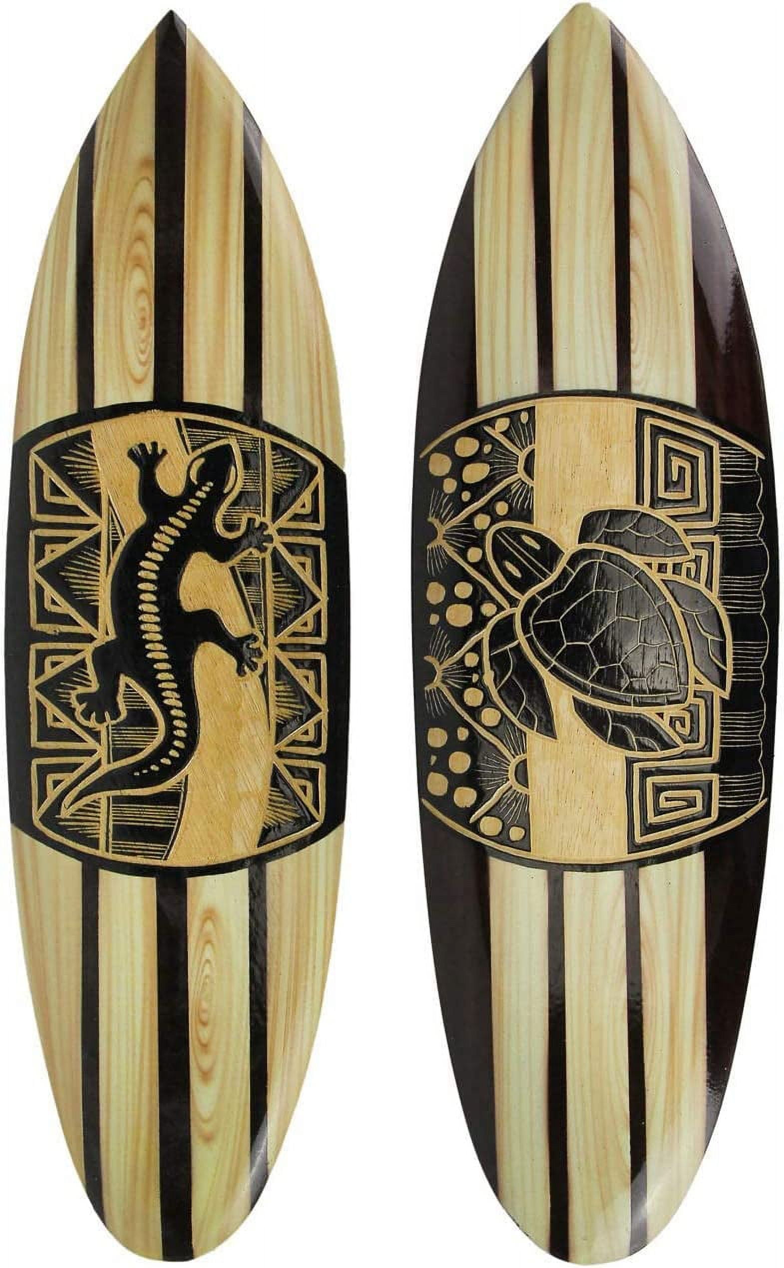Set of 2 Hand Carved Wood Surfboards Tiki Dolphin Turtle Wall Hanging ...