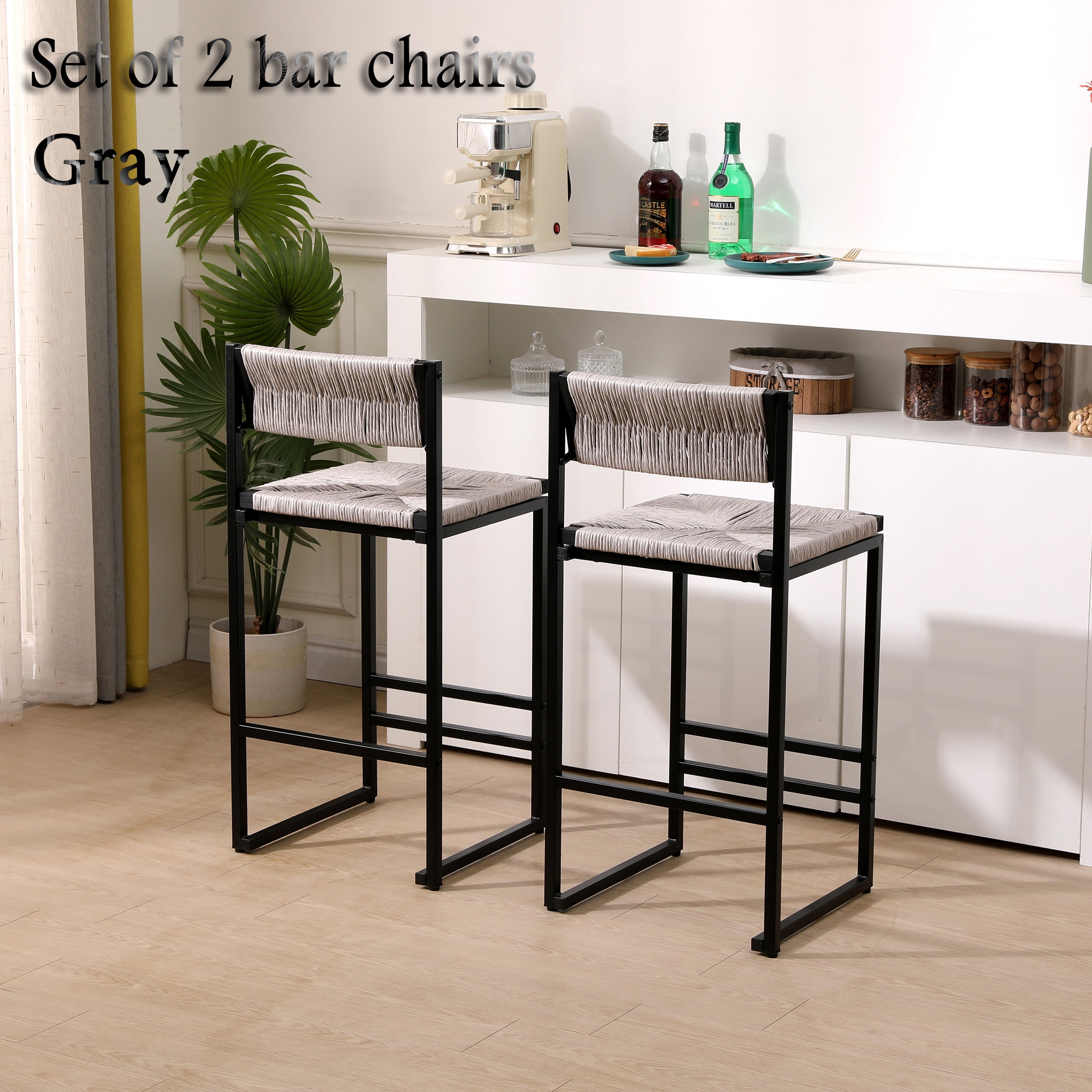 Set of 2 Hand Weave Bar Stools with Back Counter Height Bar Chairs ...
