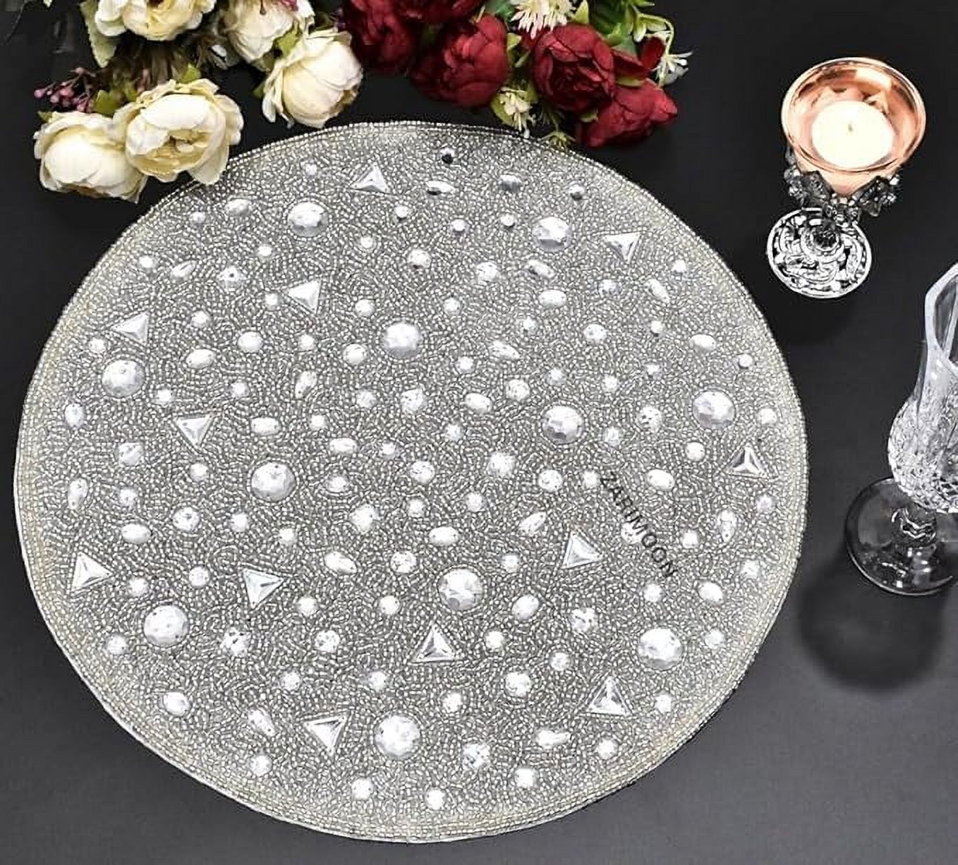 Set of 2 Handmade Beaded placemat, Luxury Silver Crystals Charger ...
