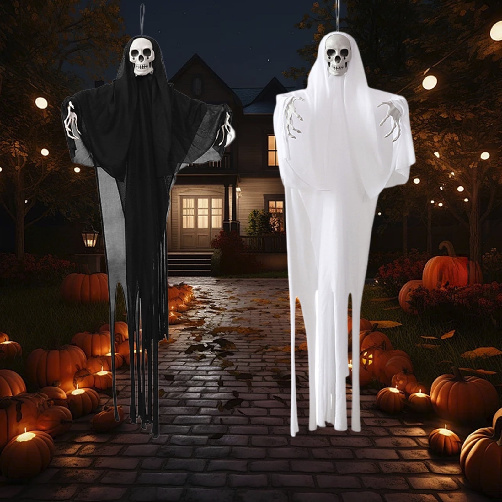 Set of 2 Hanging Skeletons for Halloween - Realistic White and Black ...