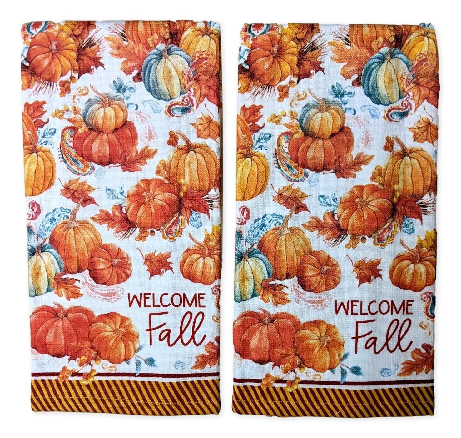 Set of 2 Harvest Pumpkins WELCOME FALL Terry Kitchen Towels by Kay Dee ...
