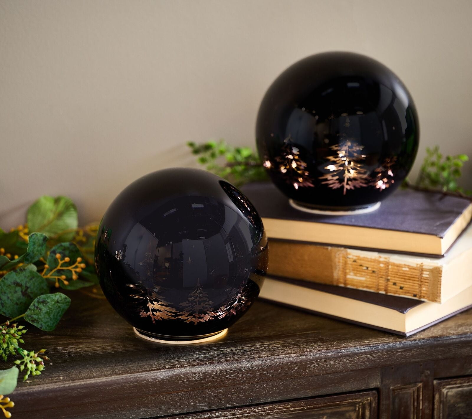 Set of 2 Illuminated Spheres with Tree Scene by Valerie in Midnight ...