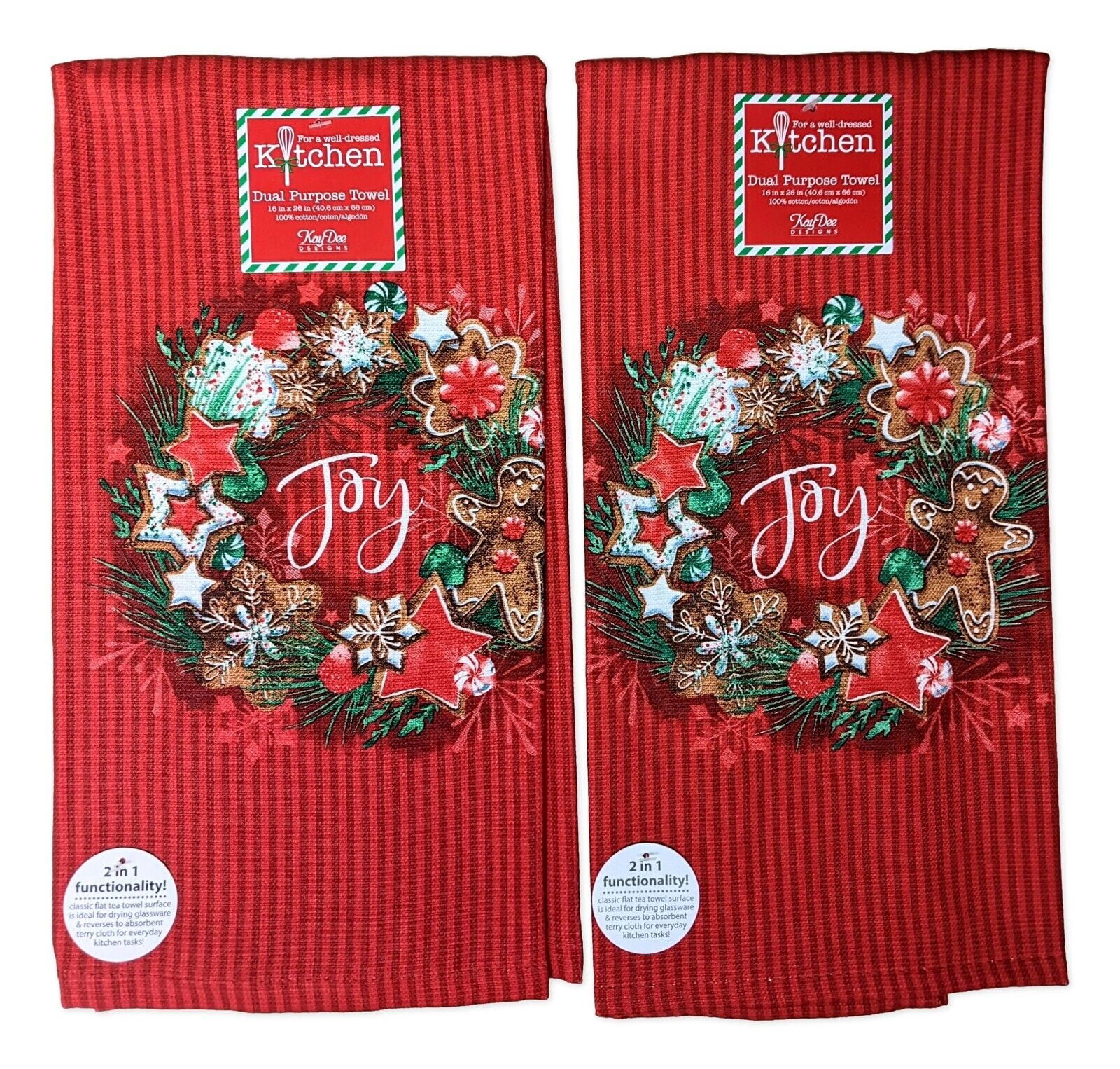 Set of 2 JOY Gingerbread Wreath Christmas Terry Kitchen Towels, Kay Dee ...