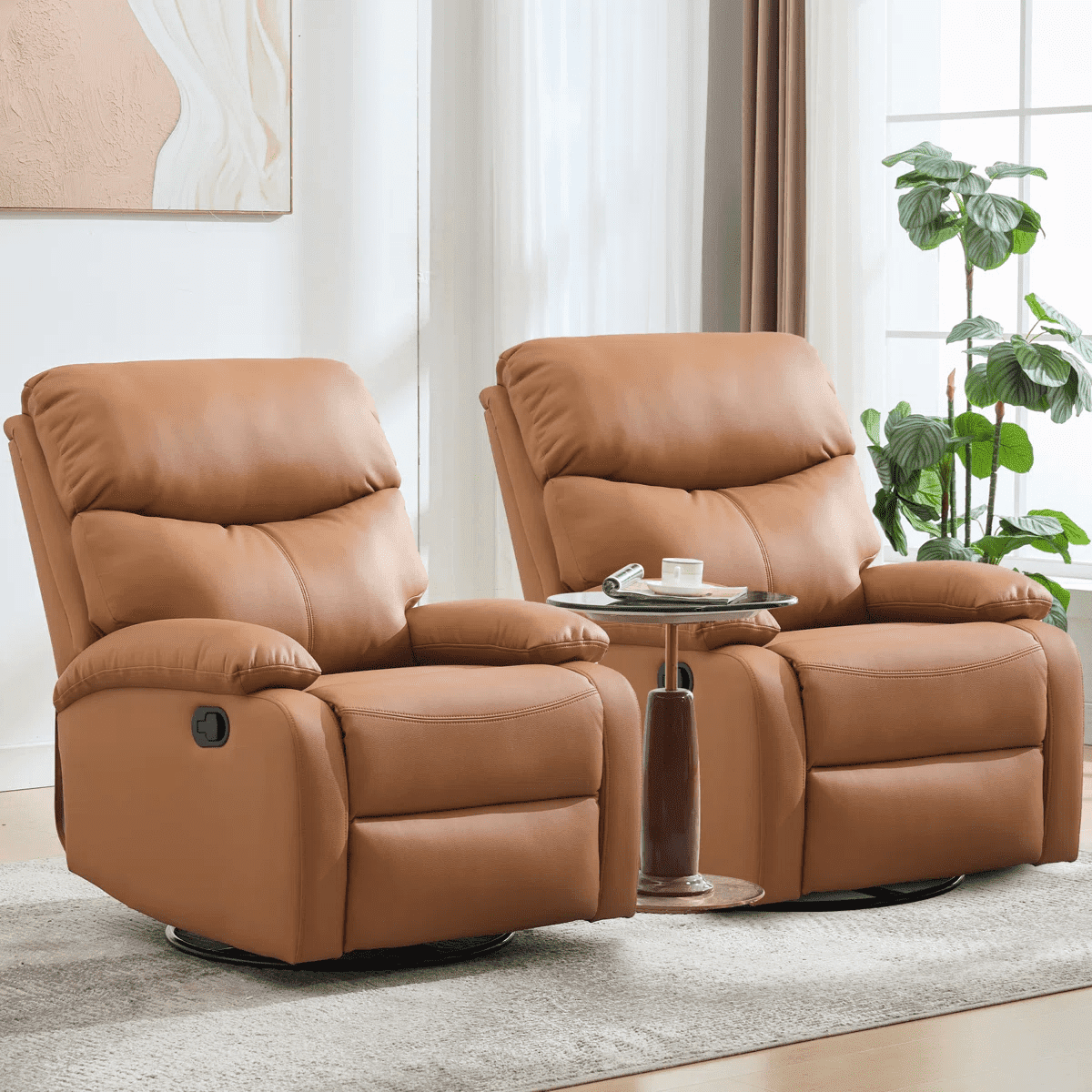 Set of 2 Khaki Small Genuine Leather Recliners with 360° Swivel ...