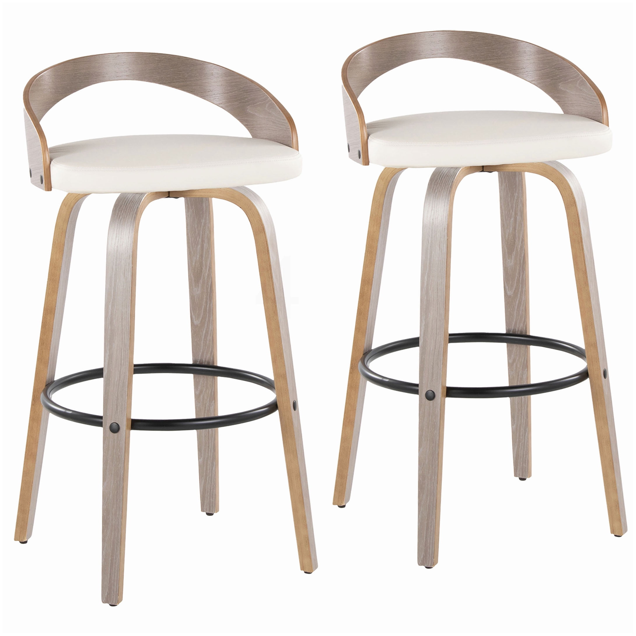 Set of 2 Kitchen Island Stools with Swivel, White Vinyl and Light Grey ...