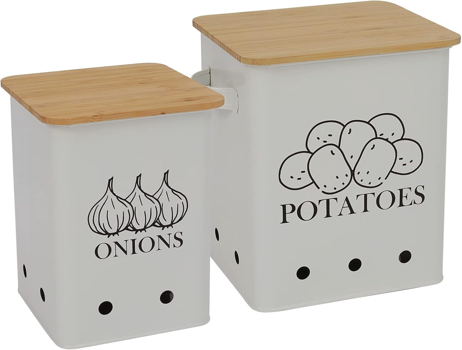 Set of 2 Kitchen Vegetable Storage Tins with Wooden Lid for Potatoes ...