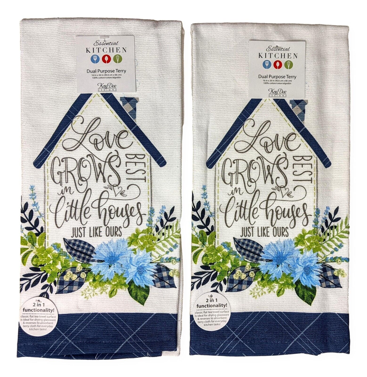 Set of 2 LOVE GROWS BEST IN LITTLE HOUSES Terry Kitchen Towels,Kay Dee ...