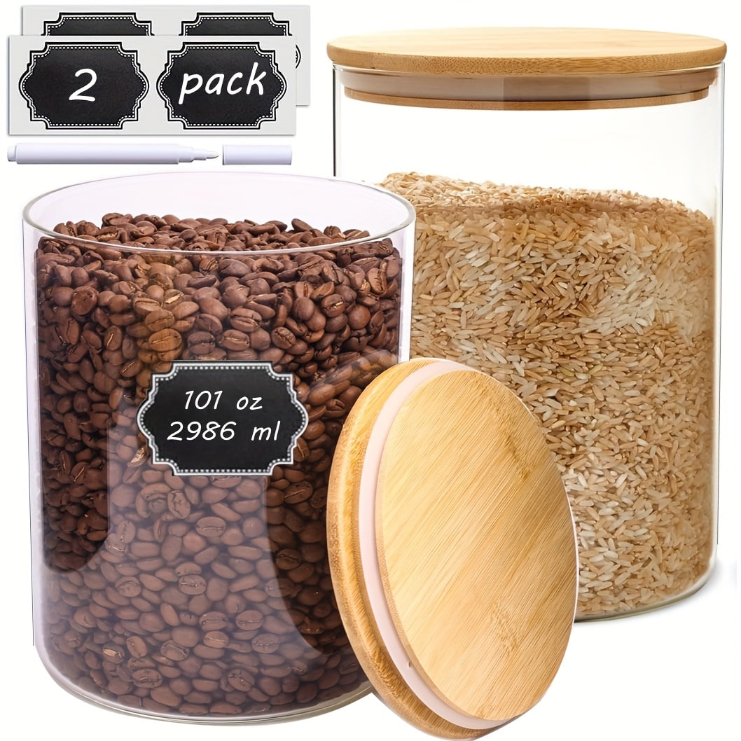 Set of 2 Large 101oz Glass Flour & Sugar Containers, Airtight Bamboo ...