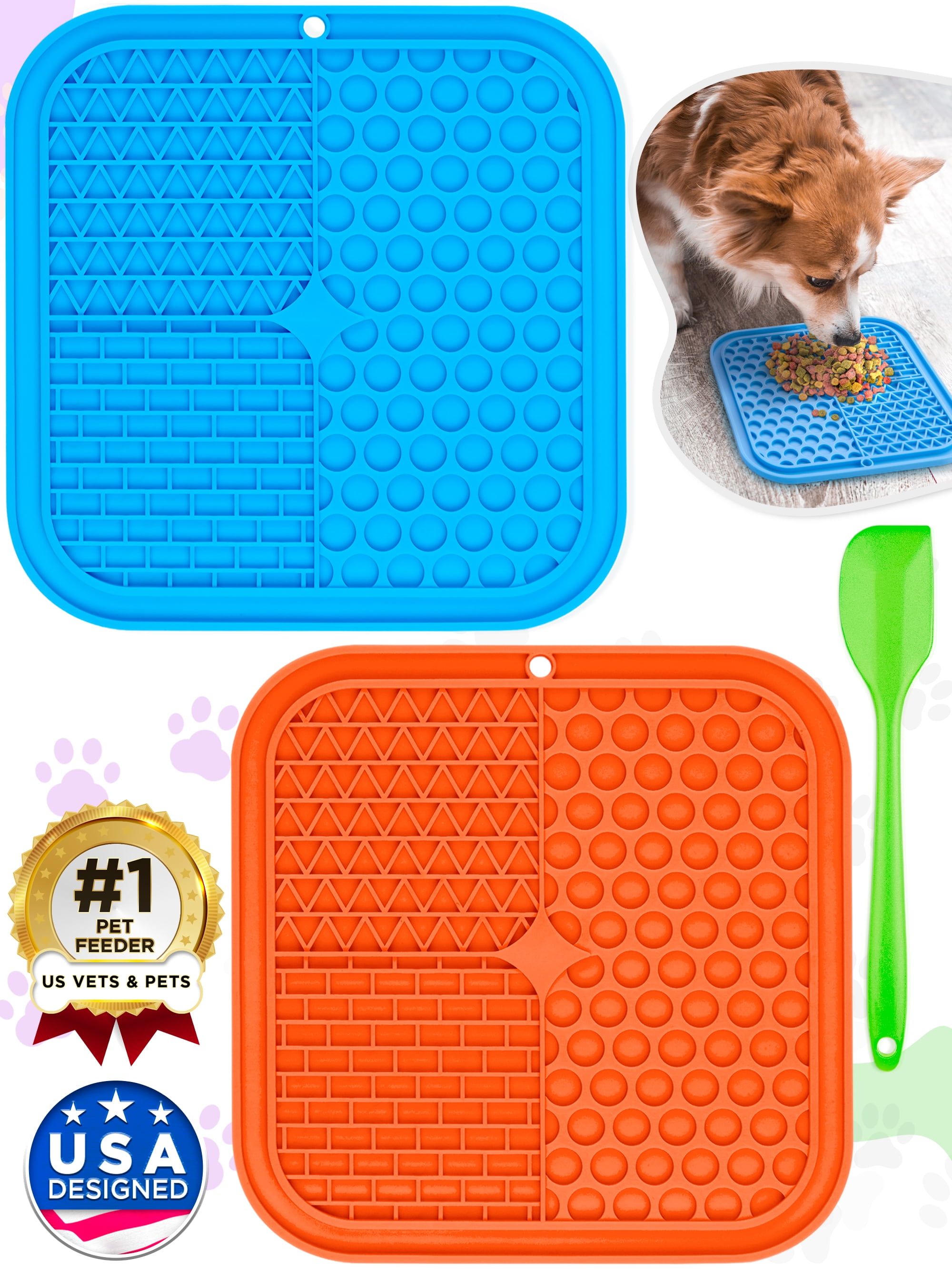 Set of 2 Lick Mats & Scraper for Cat & Dog (Blue & Orange), Slow-Feeder ...