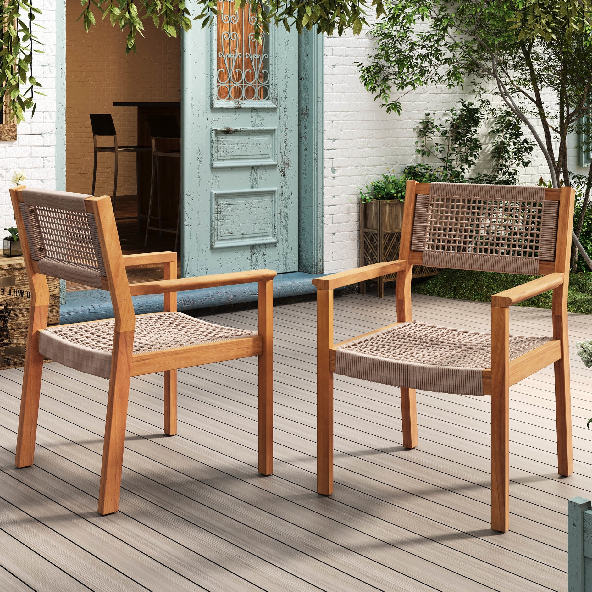 Set of 2 Light Brown Rope and Acacia Wood Dining Chairs Ergonomic Size ...