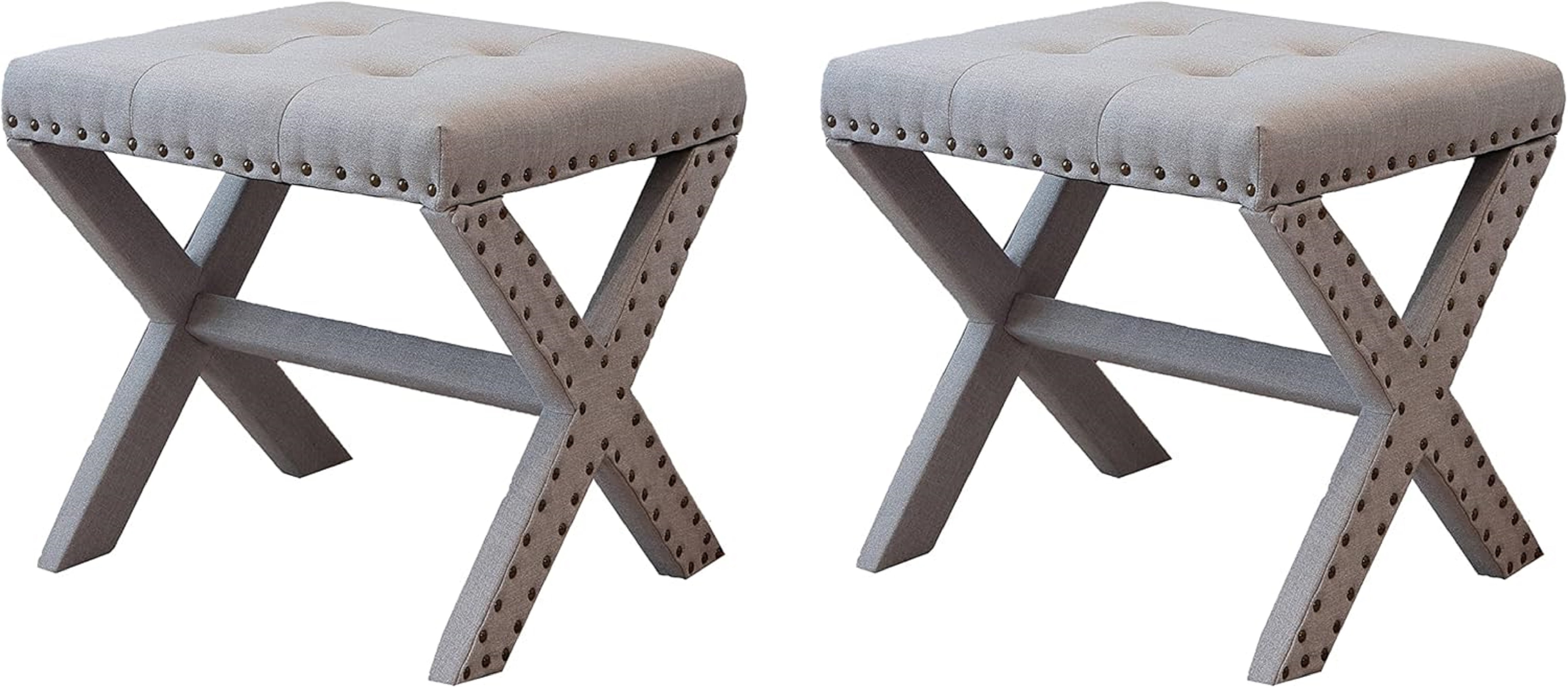 Set of 2 Light Gray Modern Vanity Stools with Tufted Seats, X-Base Legs ...