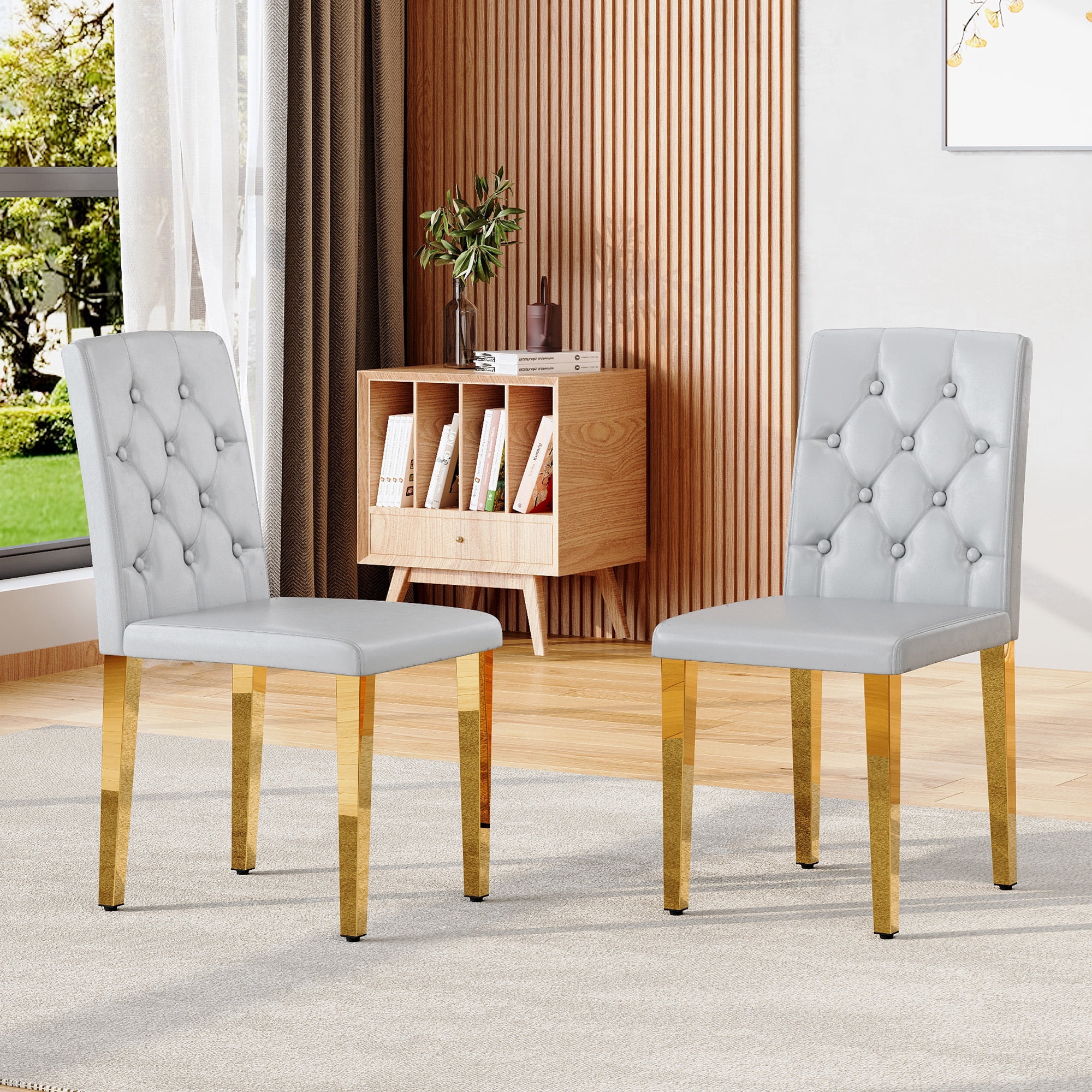 Set of 2 Light Gray PU Dining Chairs, Ergonomic Buckle Backrest, 35 ...