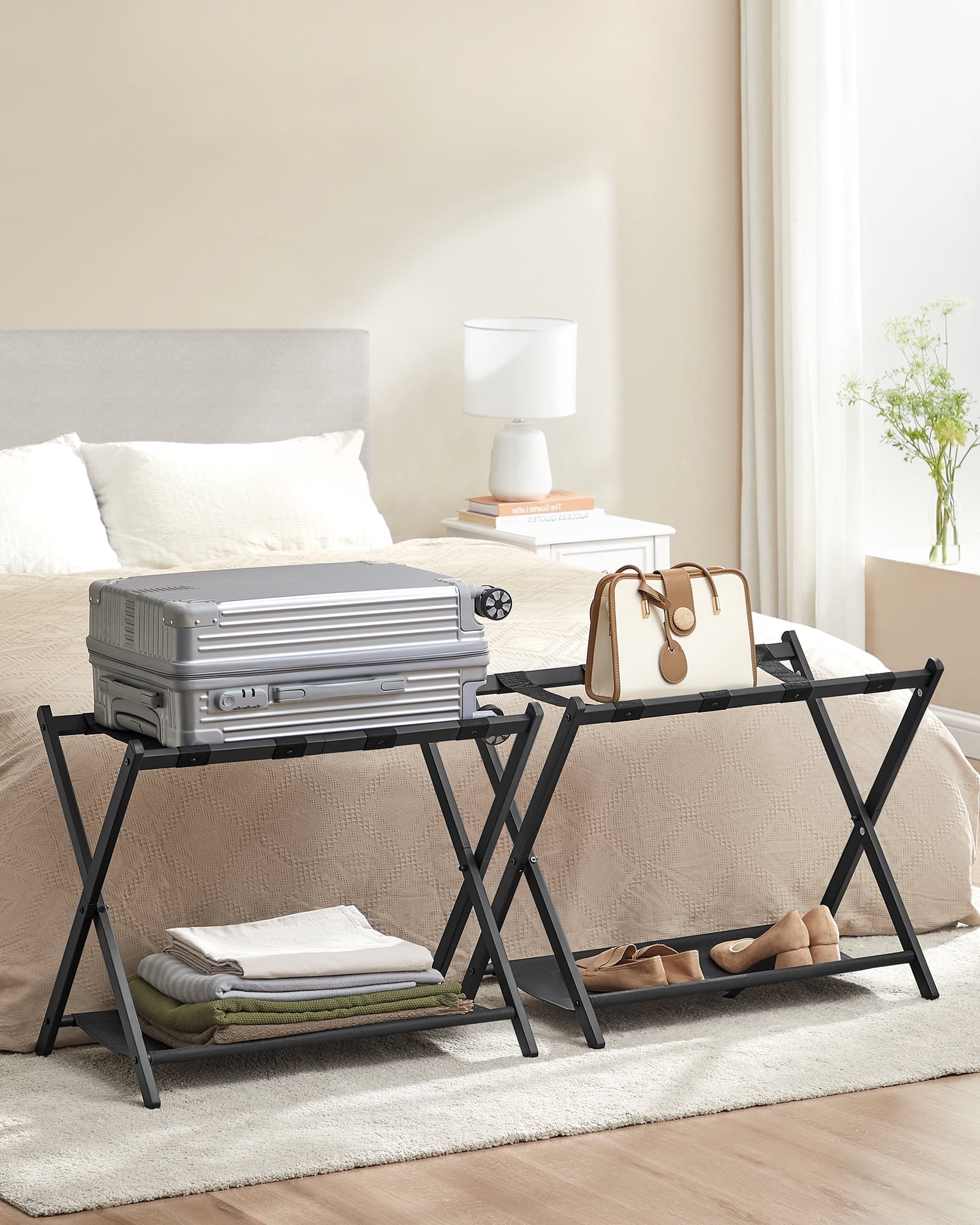 SONGMICS Hotel Luggage Rack Set of 2 with Metal Shelves, Folding ...