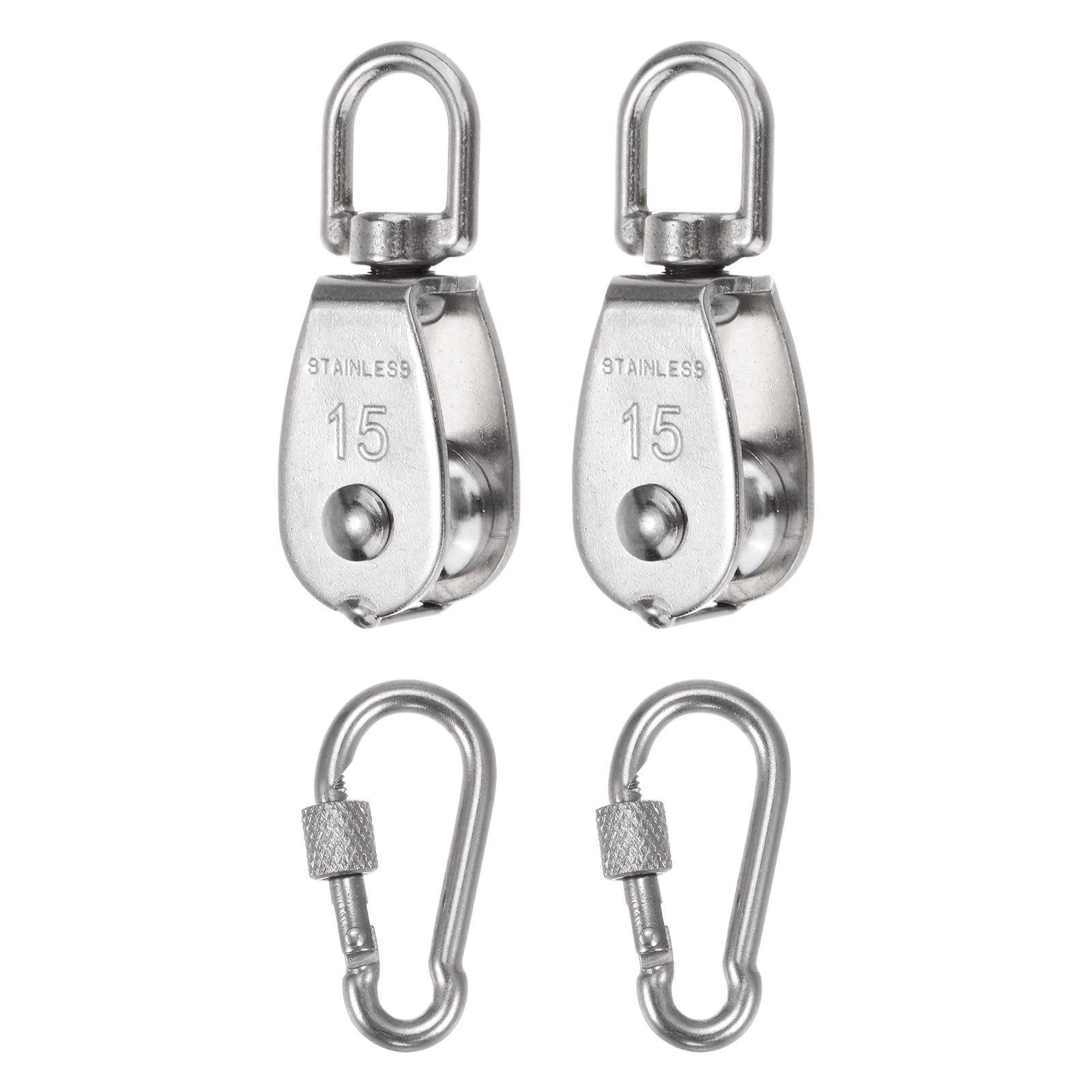 Set of 2 M15 Single Pulley Block with Locking Spring Snap Hook, 304 ...