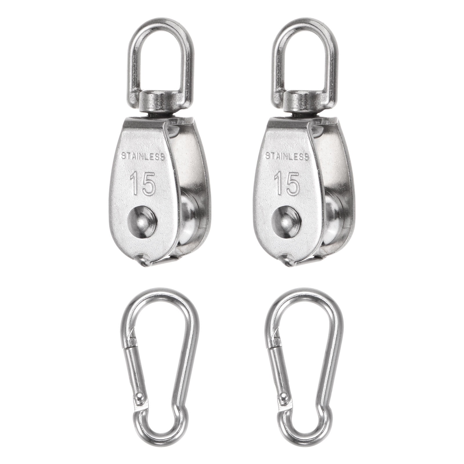 Set of 2 M15 Single Pulley Block with Spring Snap Hook, 304 Stainless ...