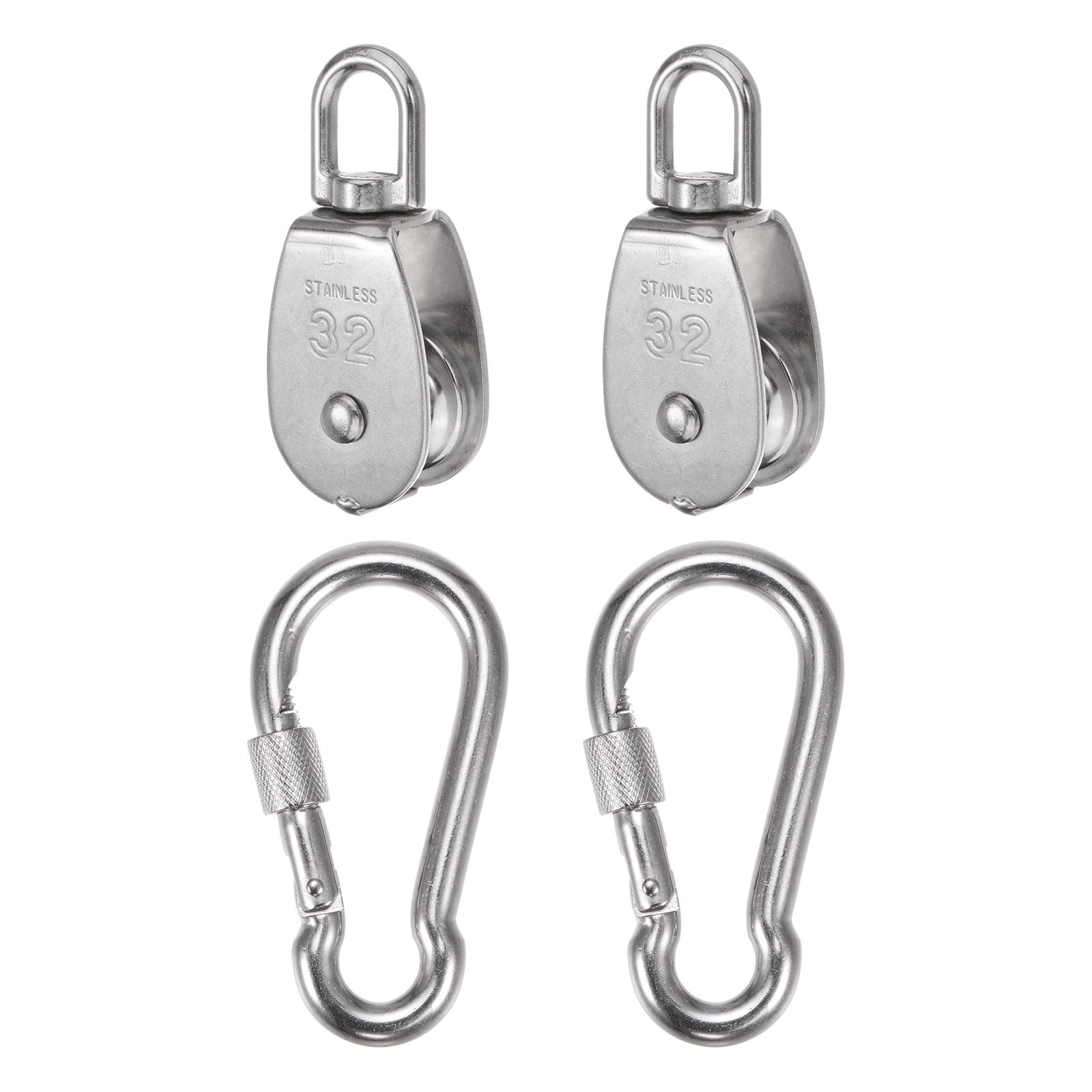 Set of 2 M32 Single Pulley Block with Locking Spring Snap Hook, 304 ...