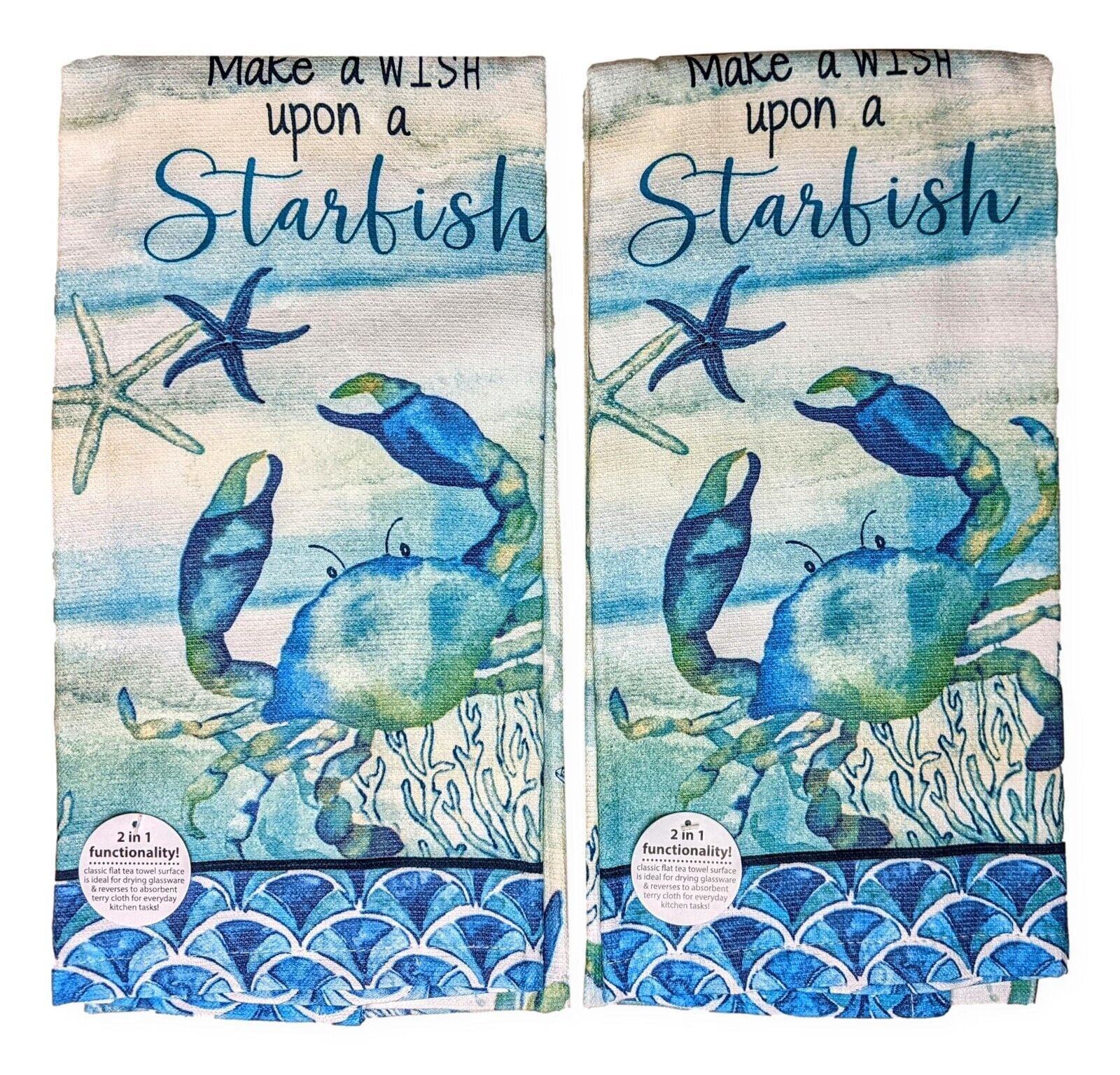 Set of 2 MAKE A WISH UPON A STARFISH Crab Terry Kitchen Towels by Kay ...