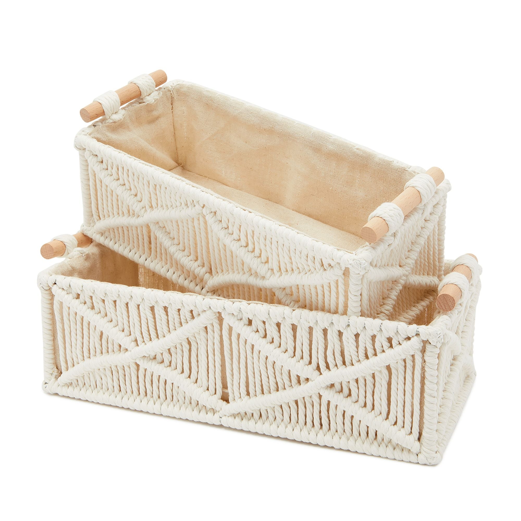 Set of 2 Macrame Storage Baskets, Woven Bins with Wood Handles for Home ...