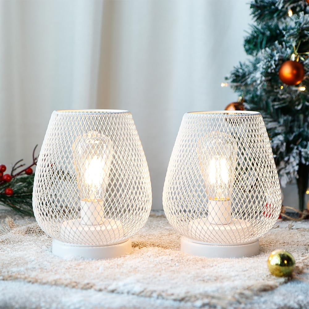 Set of 2 Metal Cage LED Lanterns Battery Powered Cordless Accent Light ...