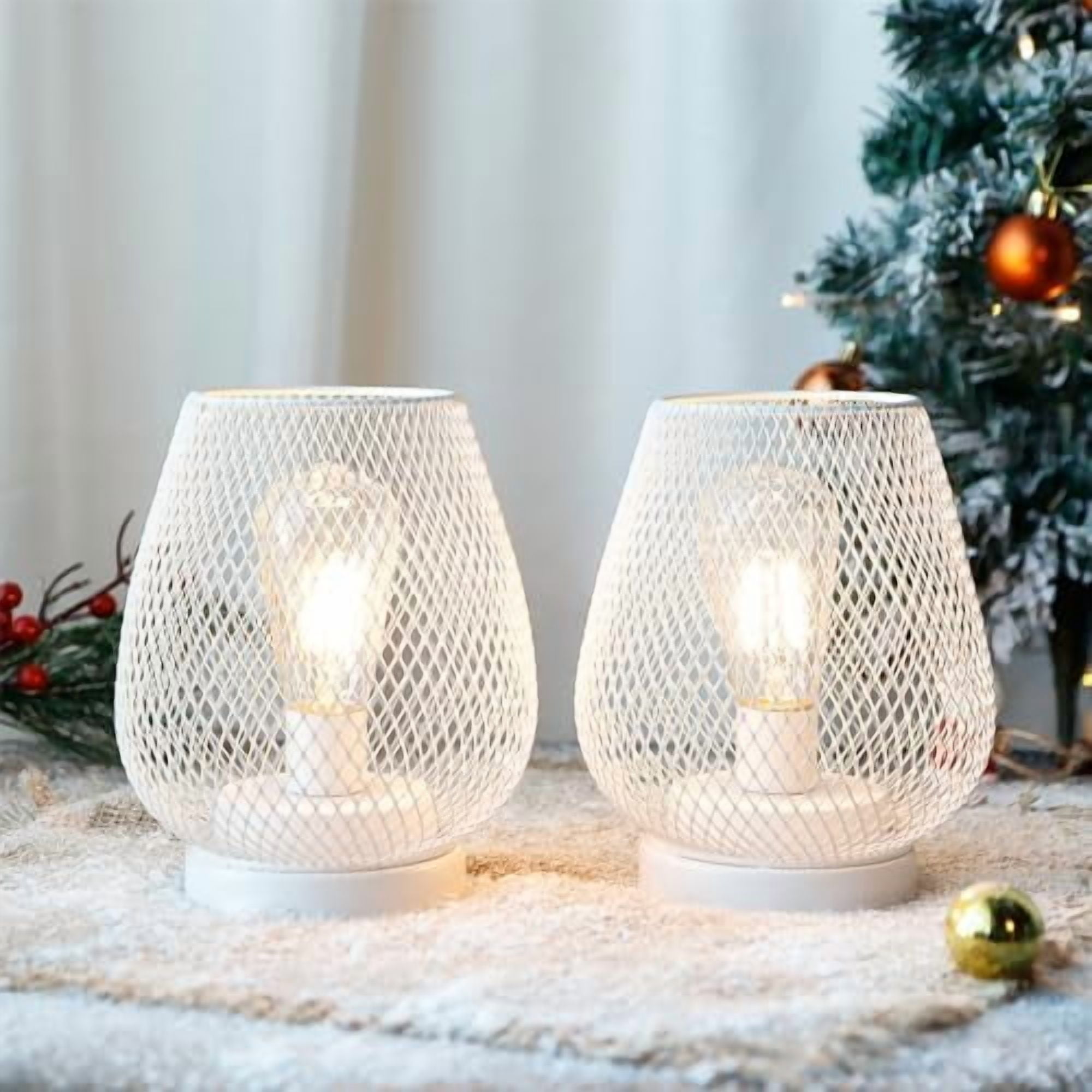 Set of 2 Metal Cage LED Lanterns Battery Powered Cordless Accent Light ...