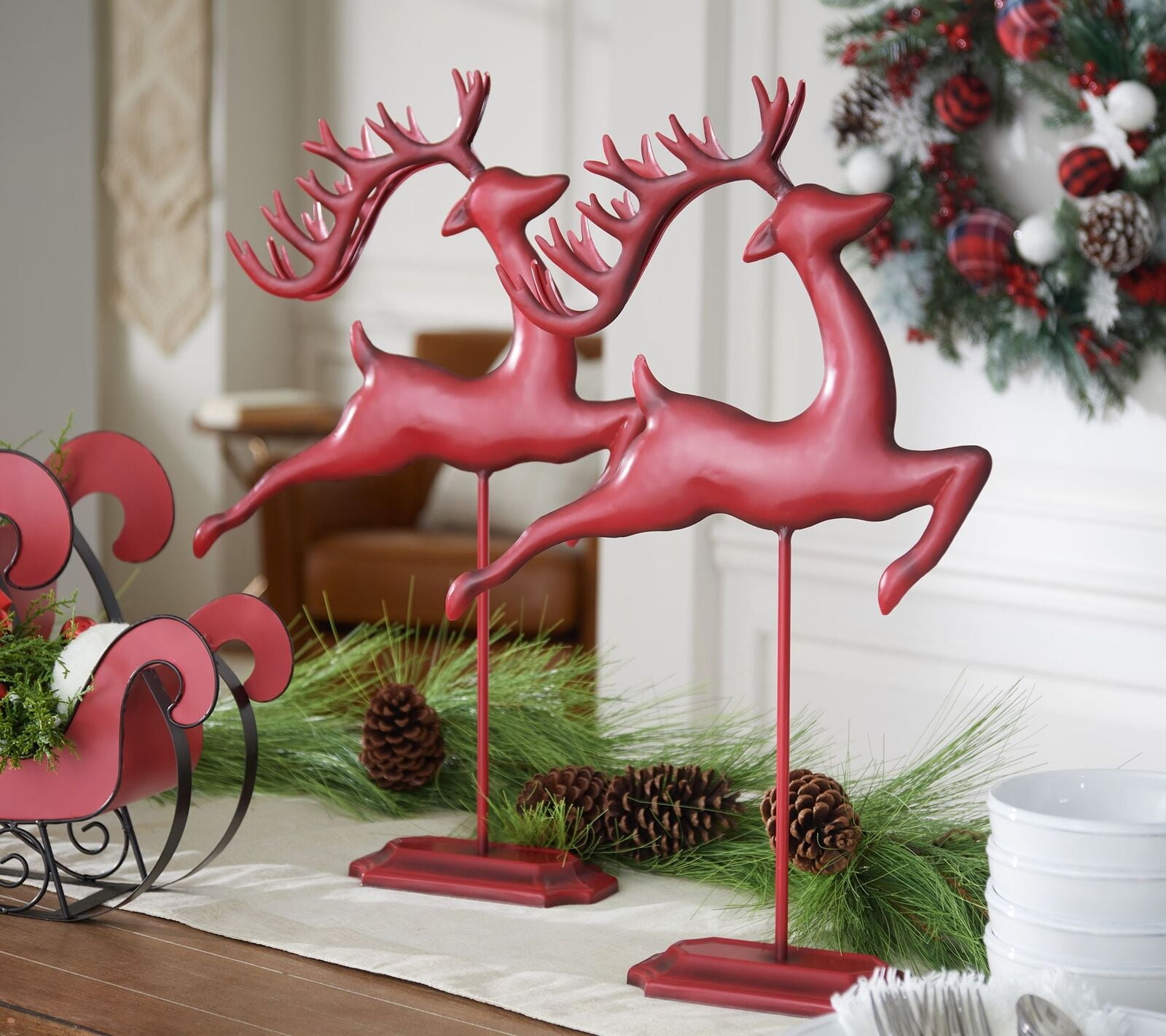 Set of 2 Metal Flying Reindeer Figures by Valerie in Red - Walmart.com