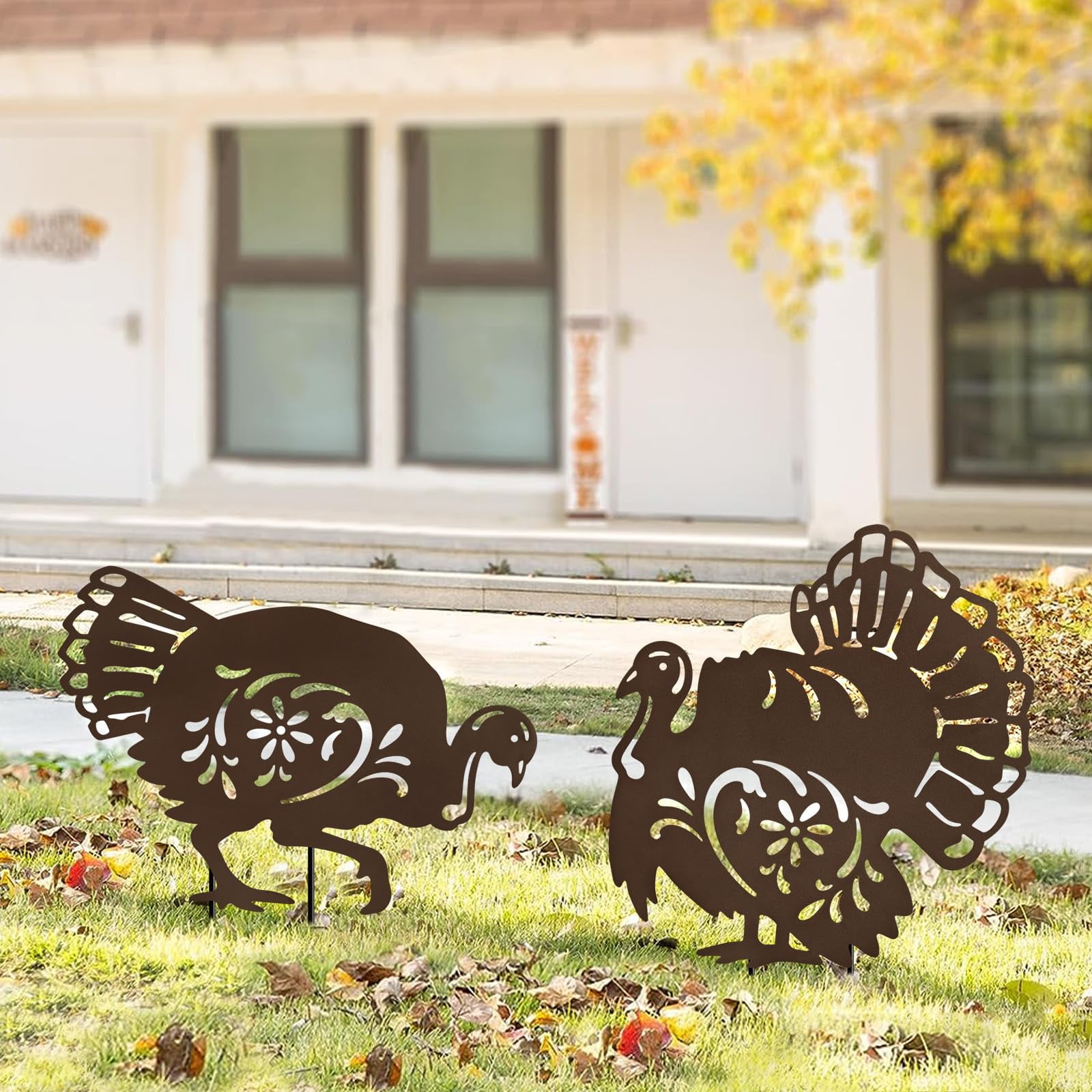 Set of 2 Metal Turkey Outdoor Decorations, Thanksgiving Decor Garden ...