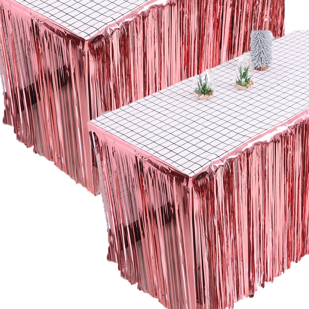 Set of 2 Metallic Foil Fringe Table Skirt, Tinsel Disposable Skirting ...