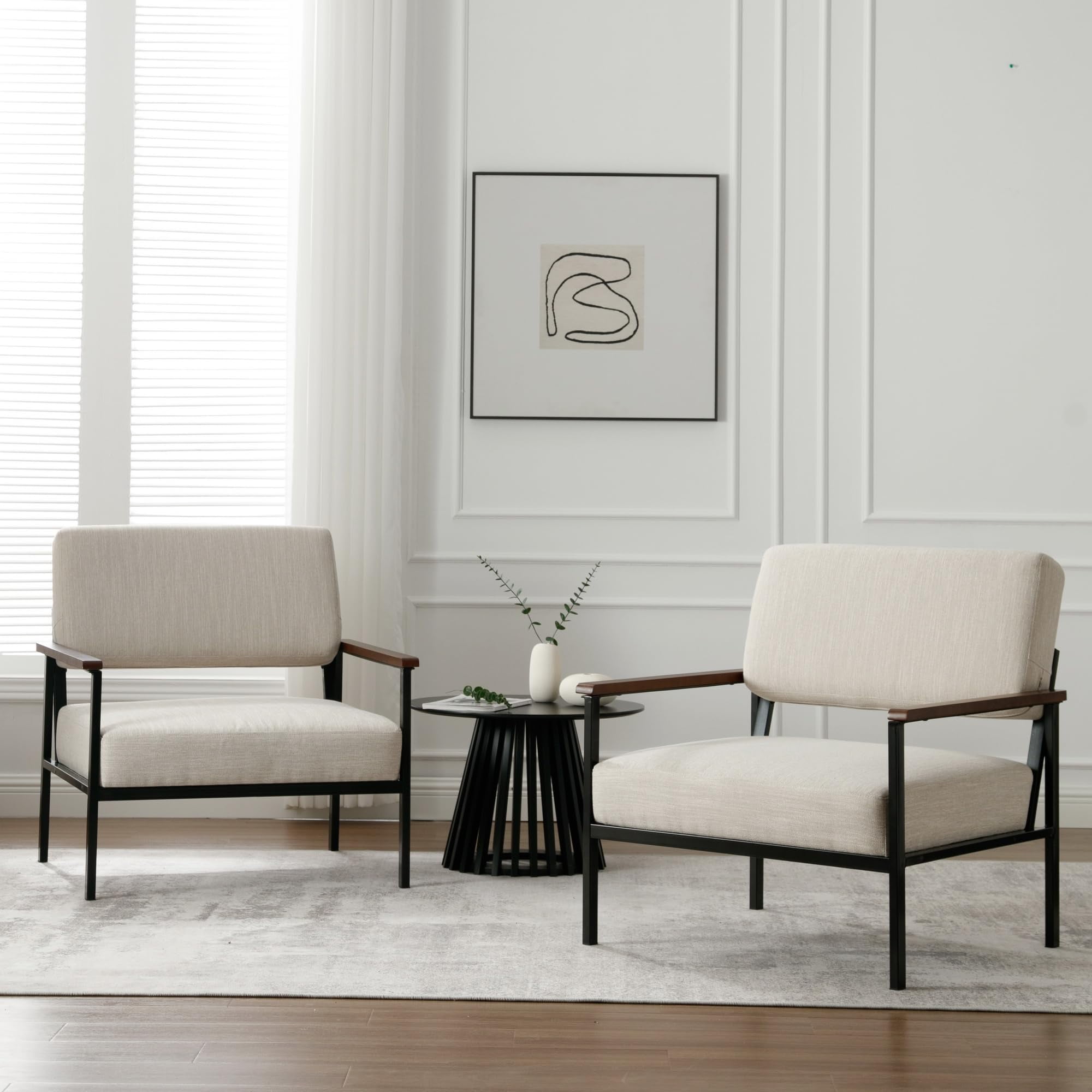 Set of 2 Mid Century Modern Accent Chair Arm Chairs, Comfy Armchair Linen Upholstered with Black ...