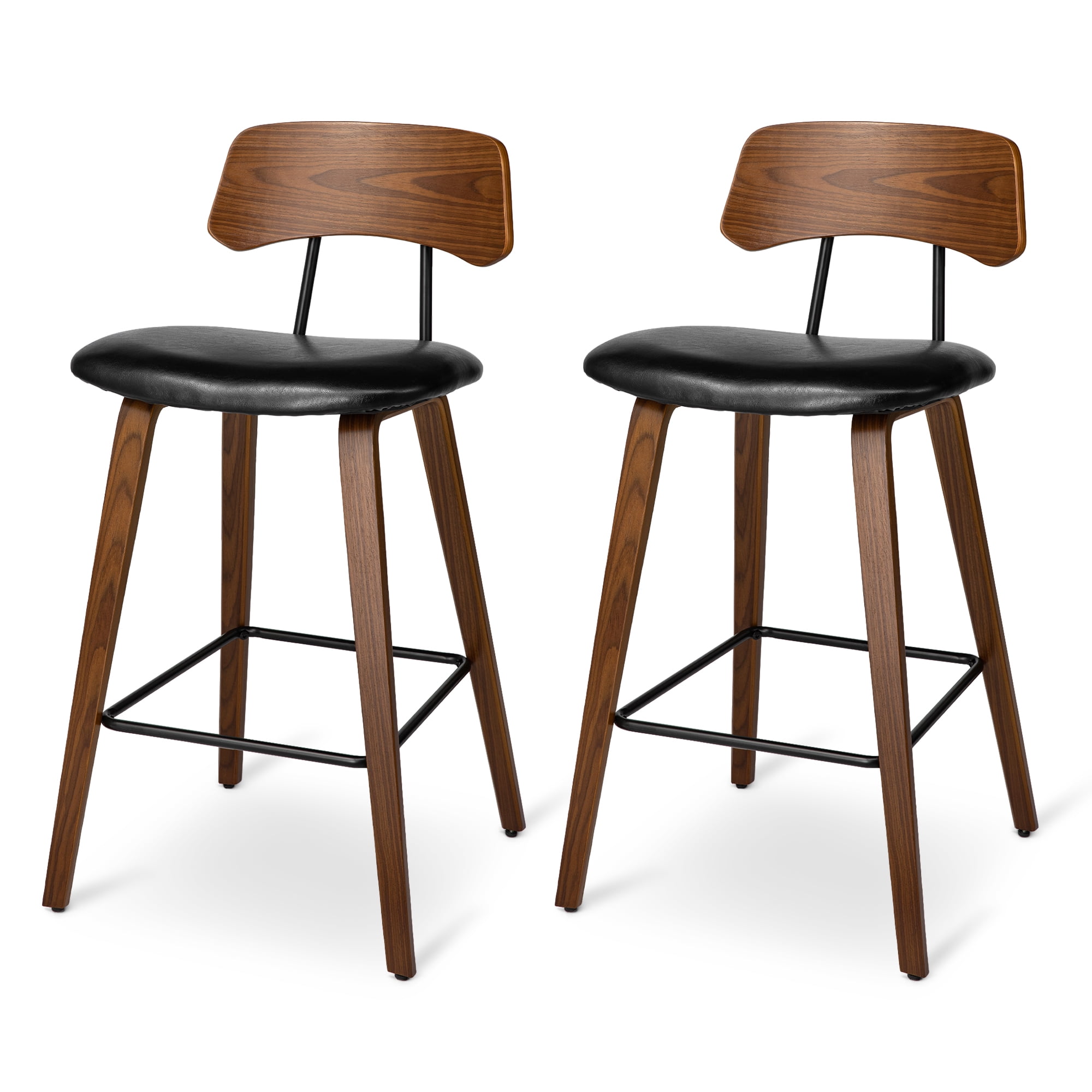 Set of 2 Mid-Century Modern Black Leatherette Bar Stool with Walnut ...