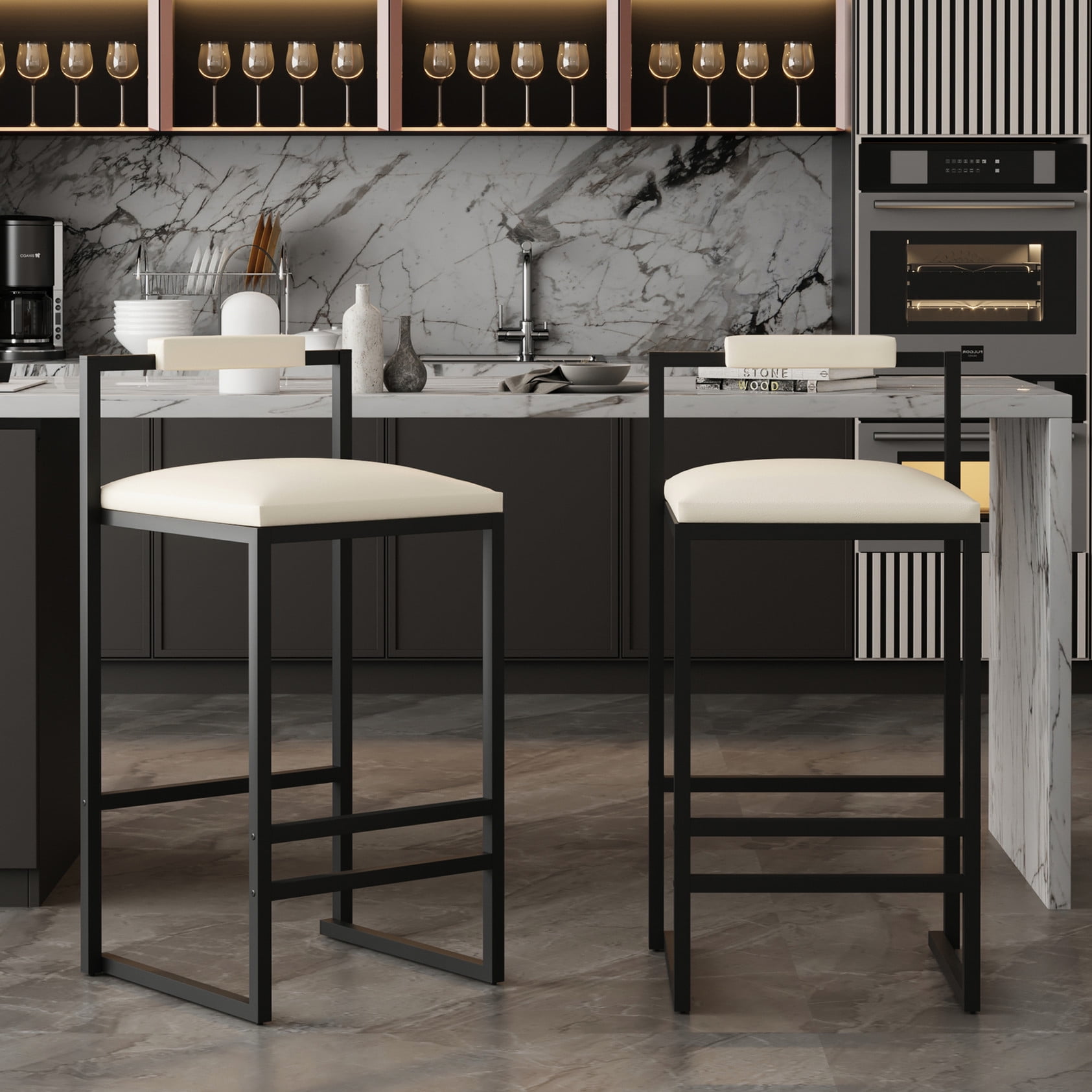 Set of 2 Modern Beige Faux Leather Dining Bar Stools | Stable Design ...