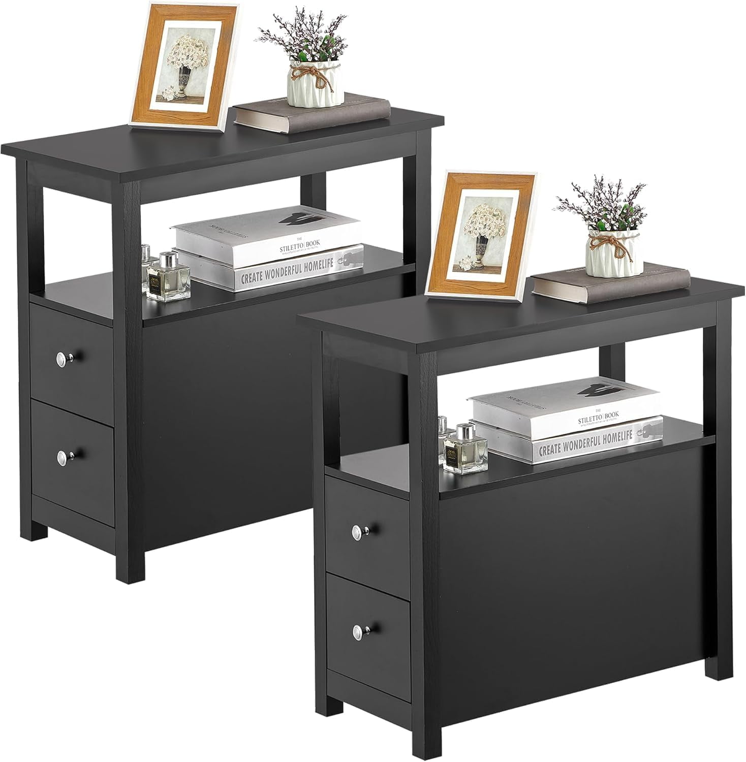 Set of 2 Modern Black Rectangular Side Tables with Drawers and Shelf ...