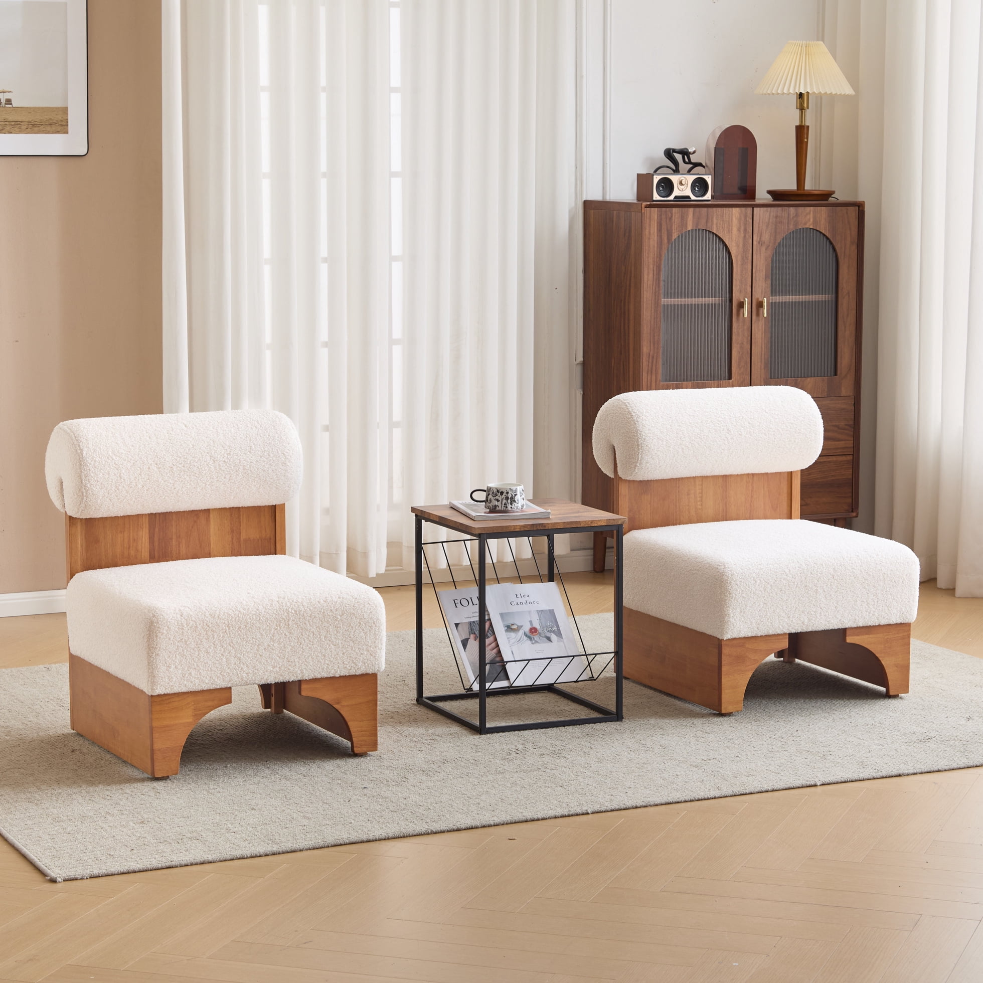 Set of 2 Modern Boucle Lounge Chairs with Solid Wood Frame & Rolled ...