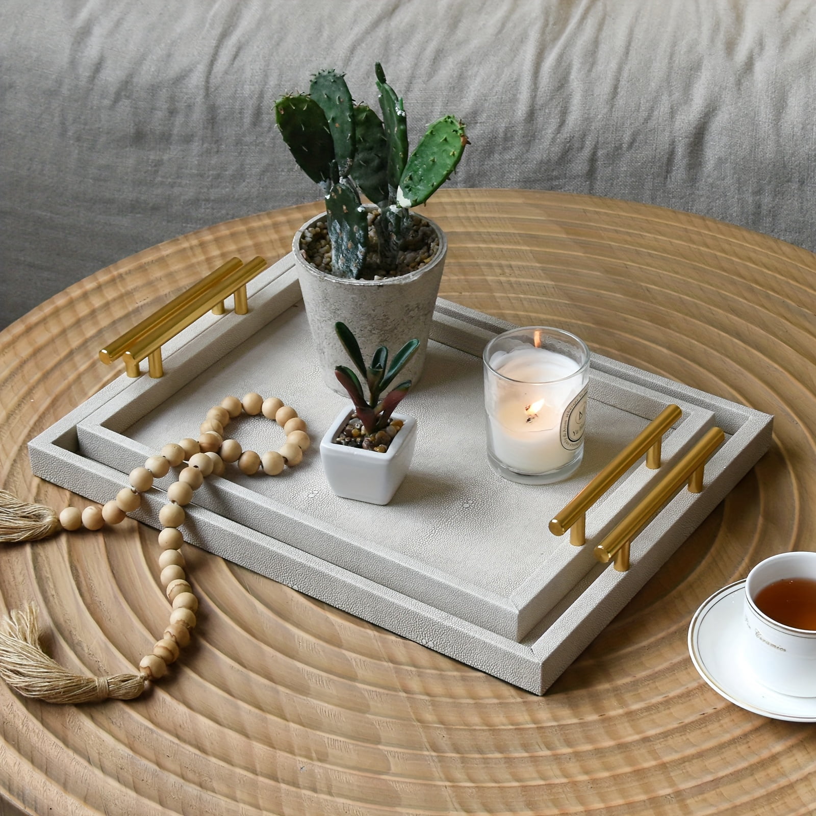 Set of 2 Modern Decorative Trays - Ivory Shagreen Leather and Wood ...